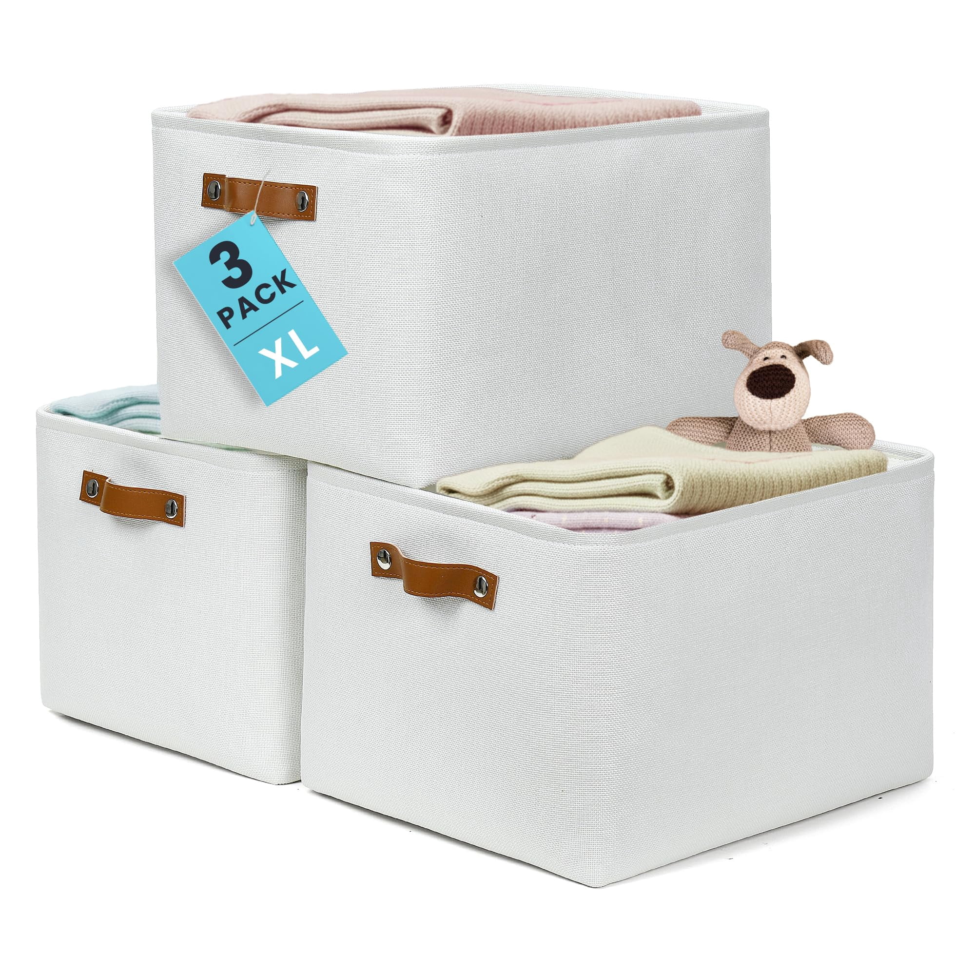 Extra Large - 3pc Full Off-White Canvas Storage Baskets for Shelves and ...