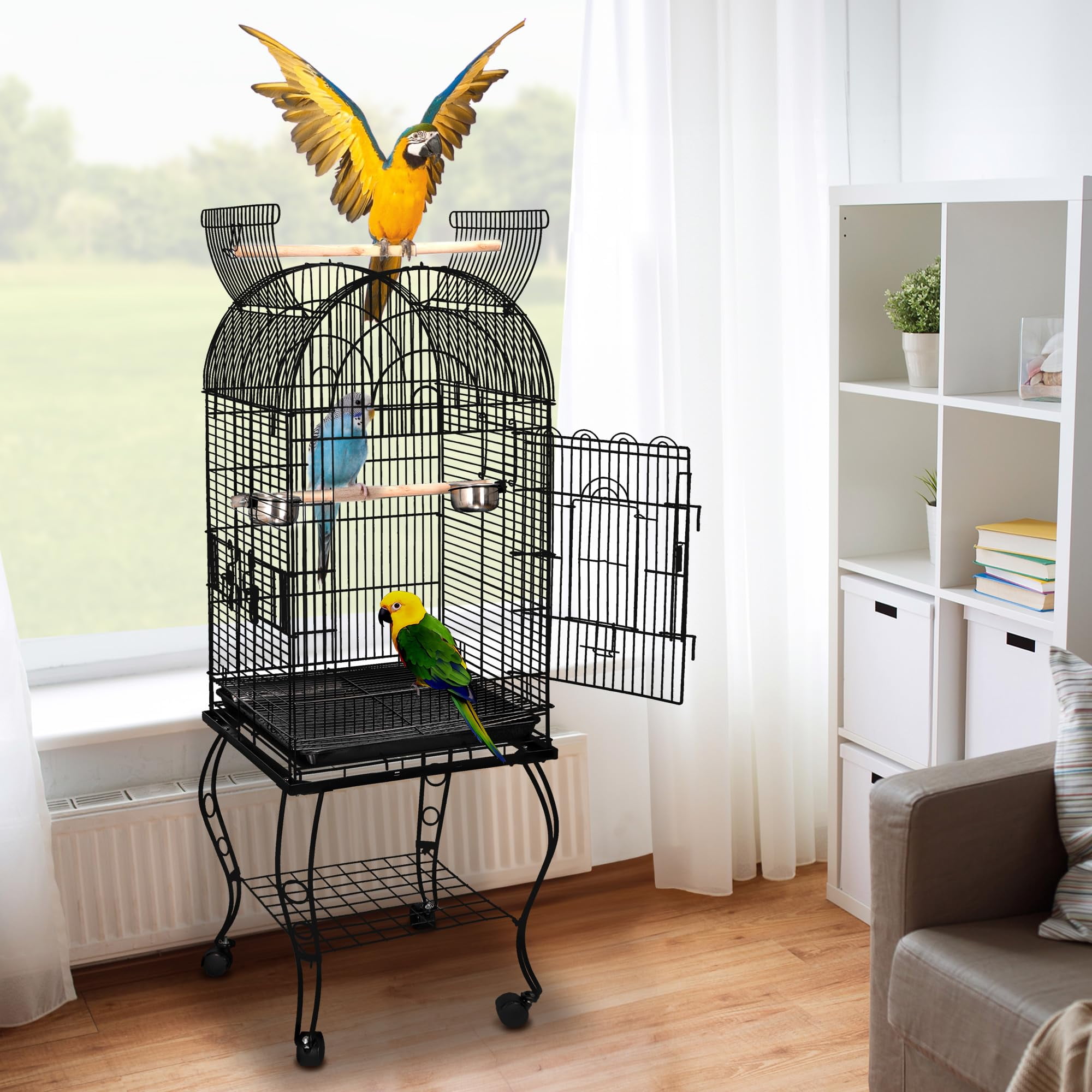 Extra Large 63.5" Rolling Bird Cage for Medium Birds, Wrought Iron ...