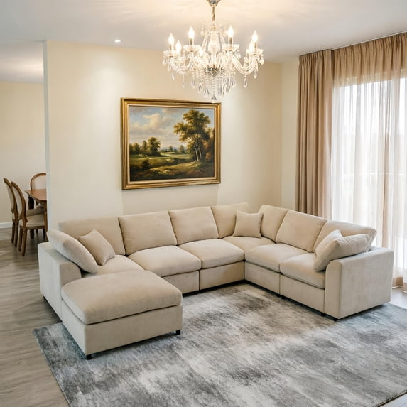 Extra Large 7-Piece Modular Solid Wood Frame Sectional Sofa Set w ...