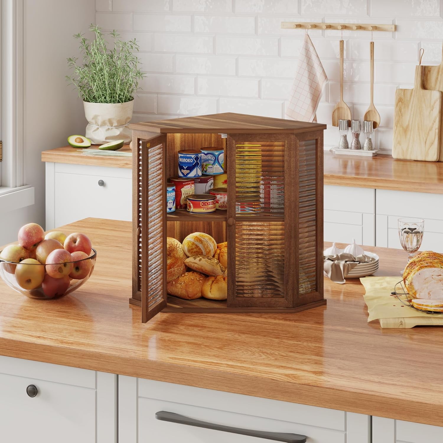 Extra Large Acacia Wood Corner Bread Box with Glass Wavy Door, Grain ...