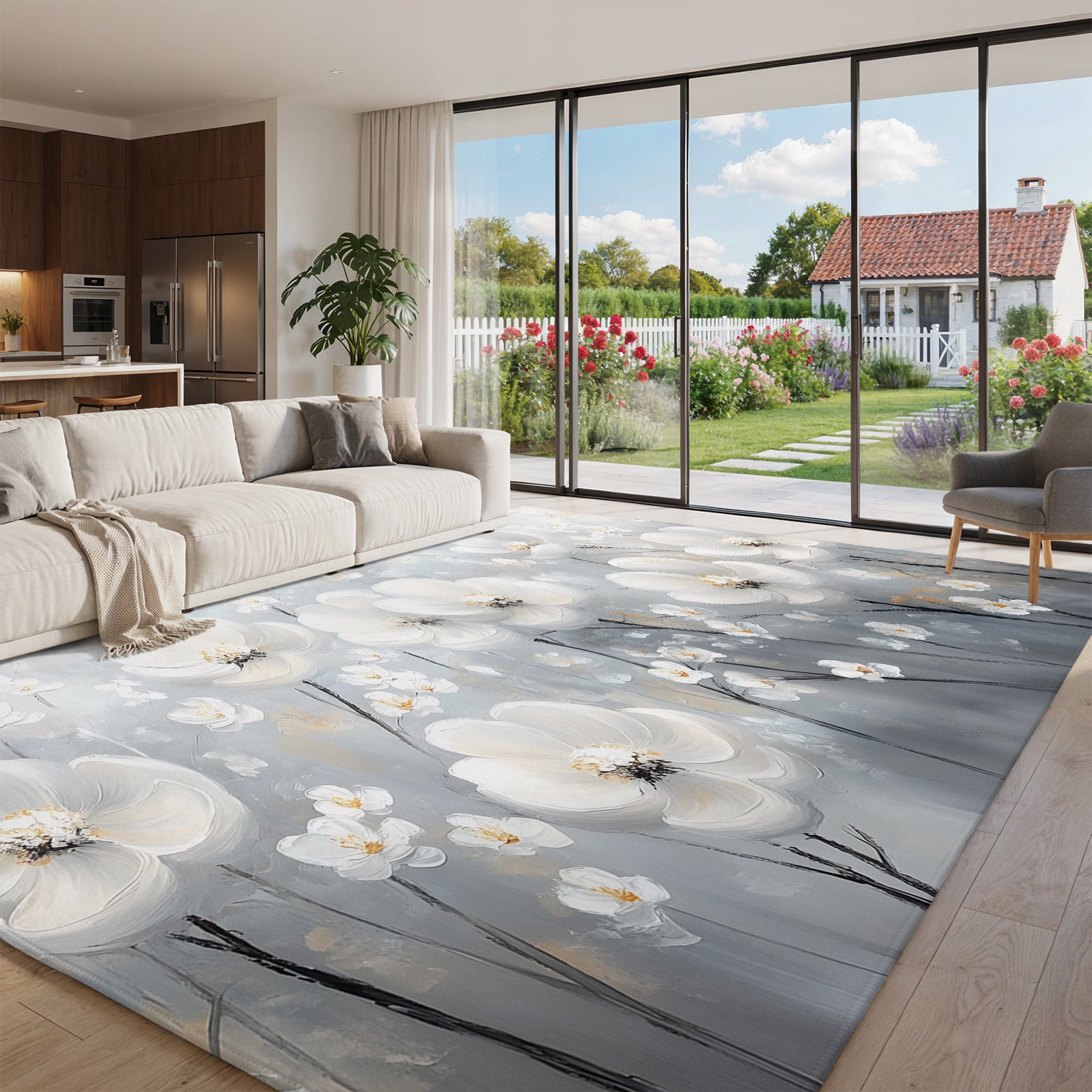 Extra Large Area Rug 8x10ft,White Flowers Non Slip Floor Carpet Mat for ...