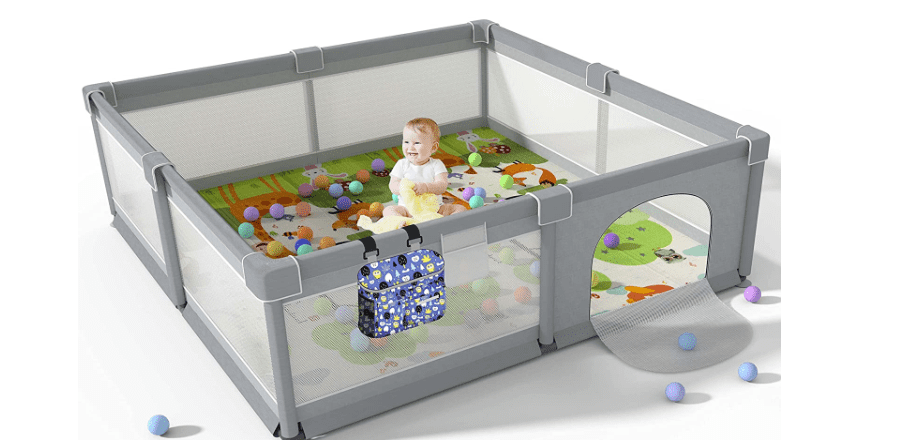Extra Large Baby Playpen with Mat , ball and Infants with Gate (Grey ...
