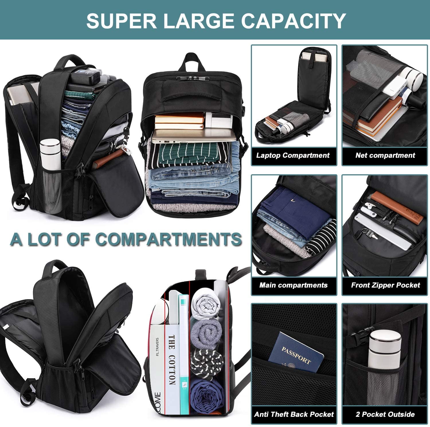 Extra Large Backpack For Men 50L,Water Resistant 17.3 Inch Travel ...