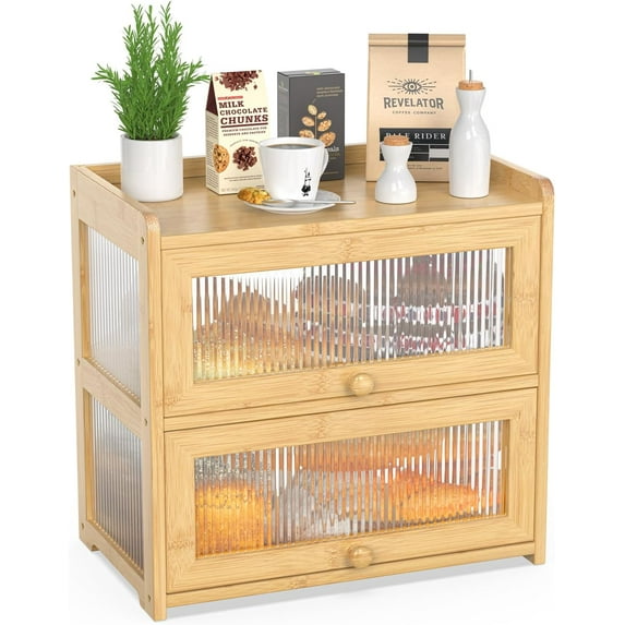 Extra Large Bamboo Bread Box for Kitchen Counter, Double Layer Bread ...