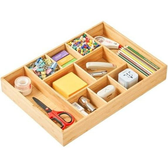 Extra Large Bamboo Desk Drawer Organizer, Wood Junk Organizer Tray with ...