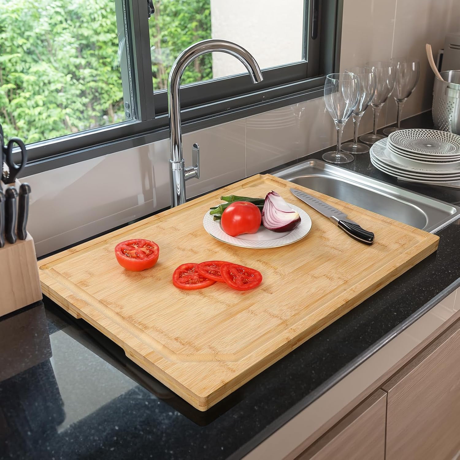 Extra Large Bamboo Serving Boards for Kitchen, Heavy Duty Wood Butcher ...