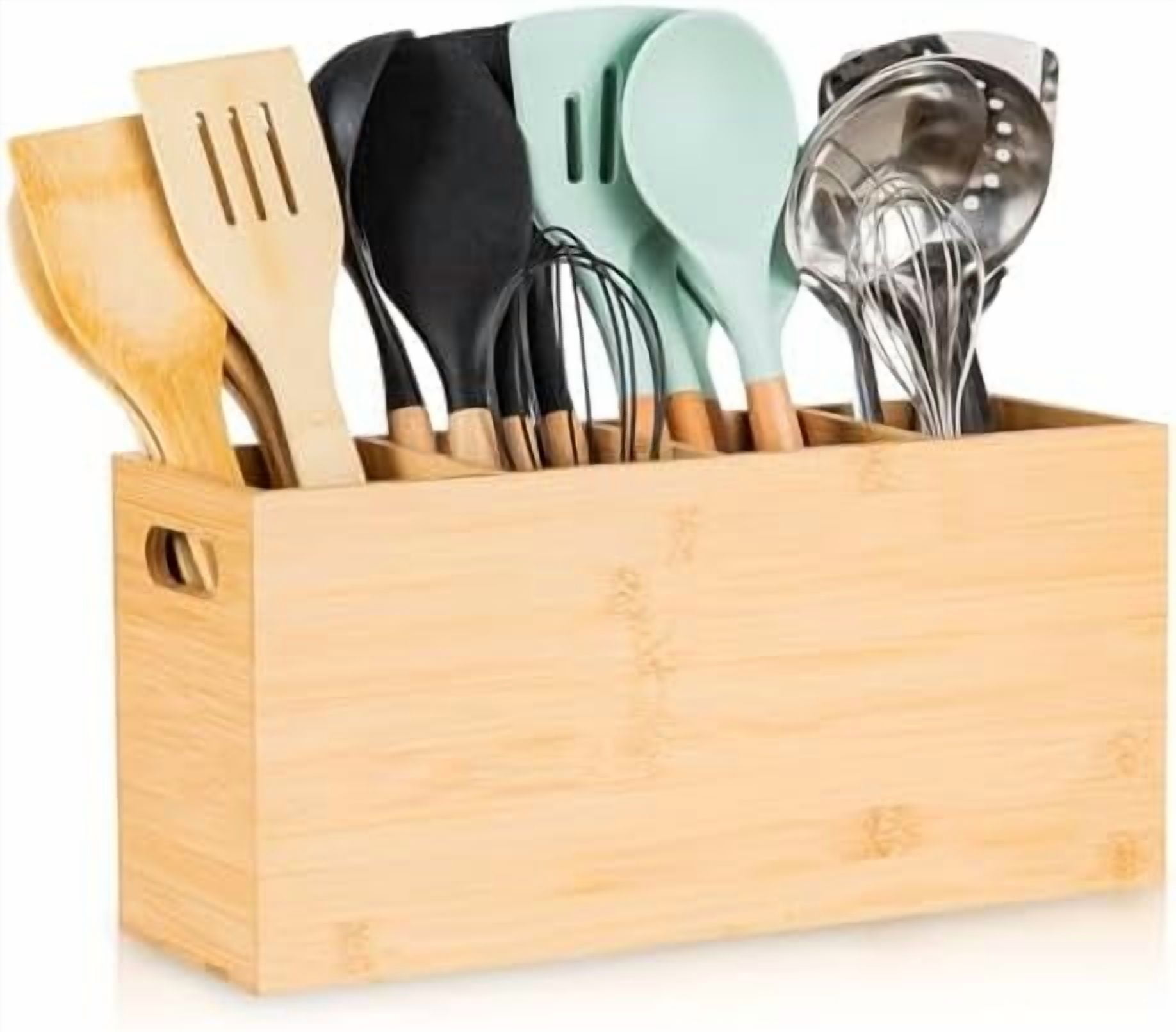 Extra Large Bamboo Utensil Holder with 4 Compartments, Large Wooden ...