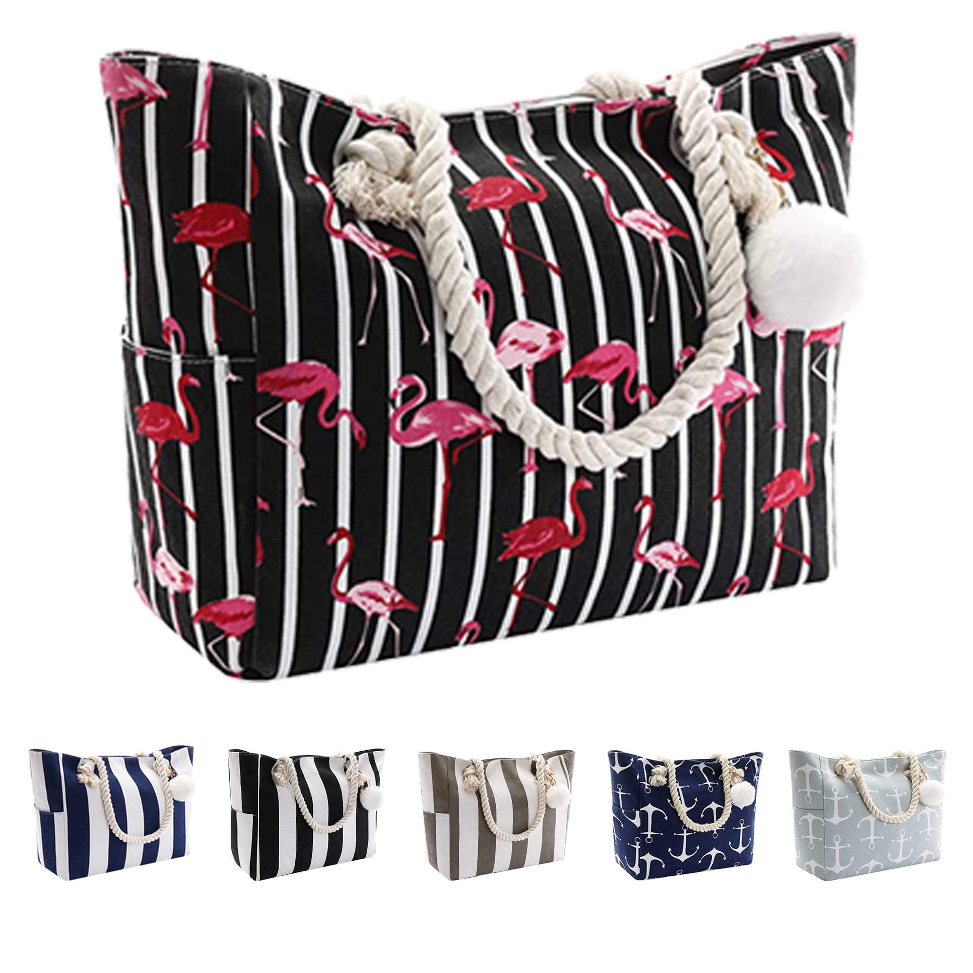 Extra Large Waterproof Canvas Beach Bag Tote with Zipper, Inner Pockets ...