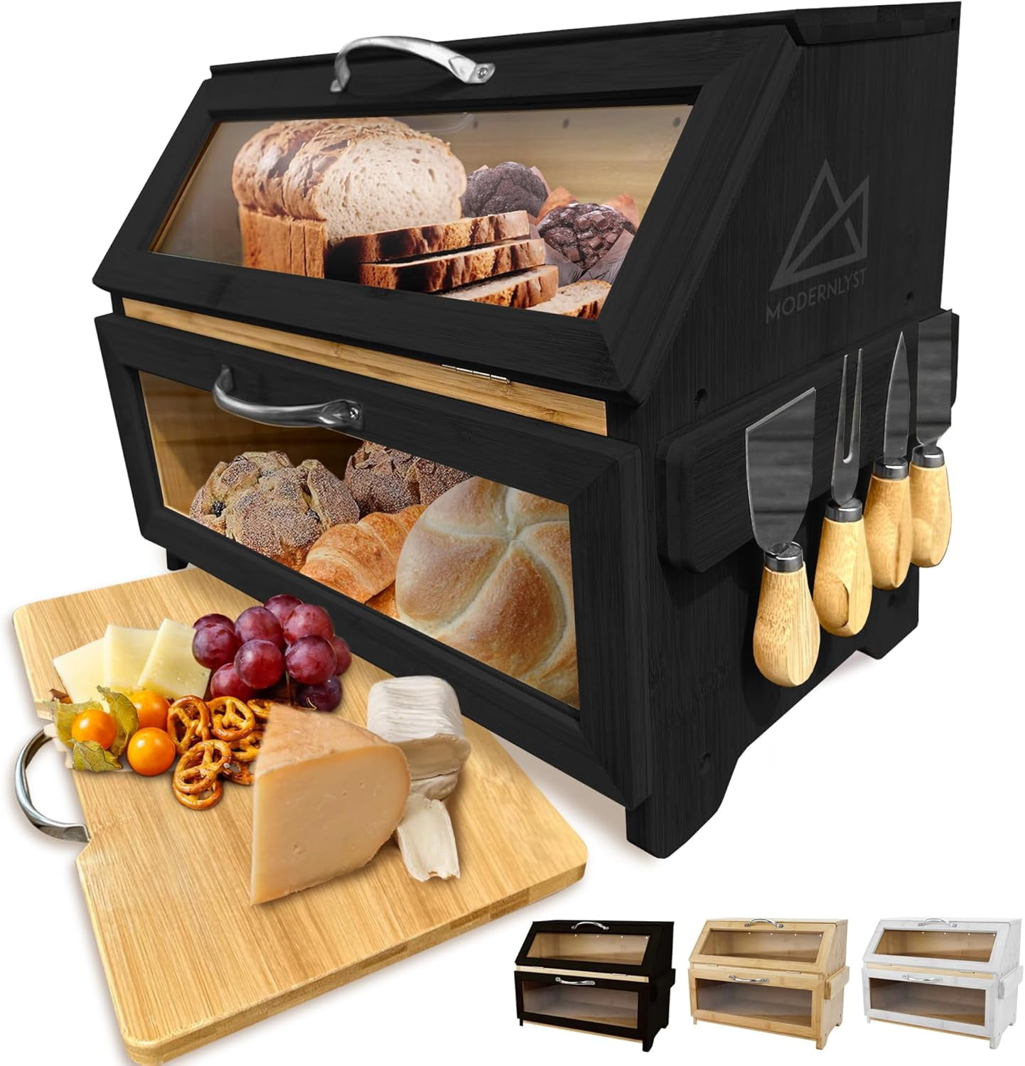 Extra Large Black Bread Box with Cutting Board & Knife Set | 7 Piece ...
