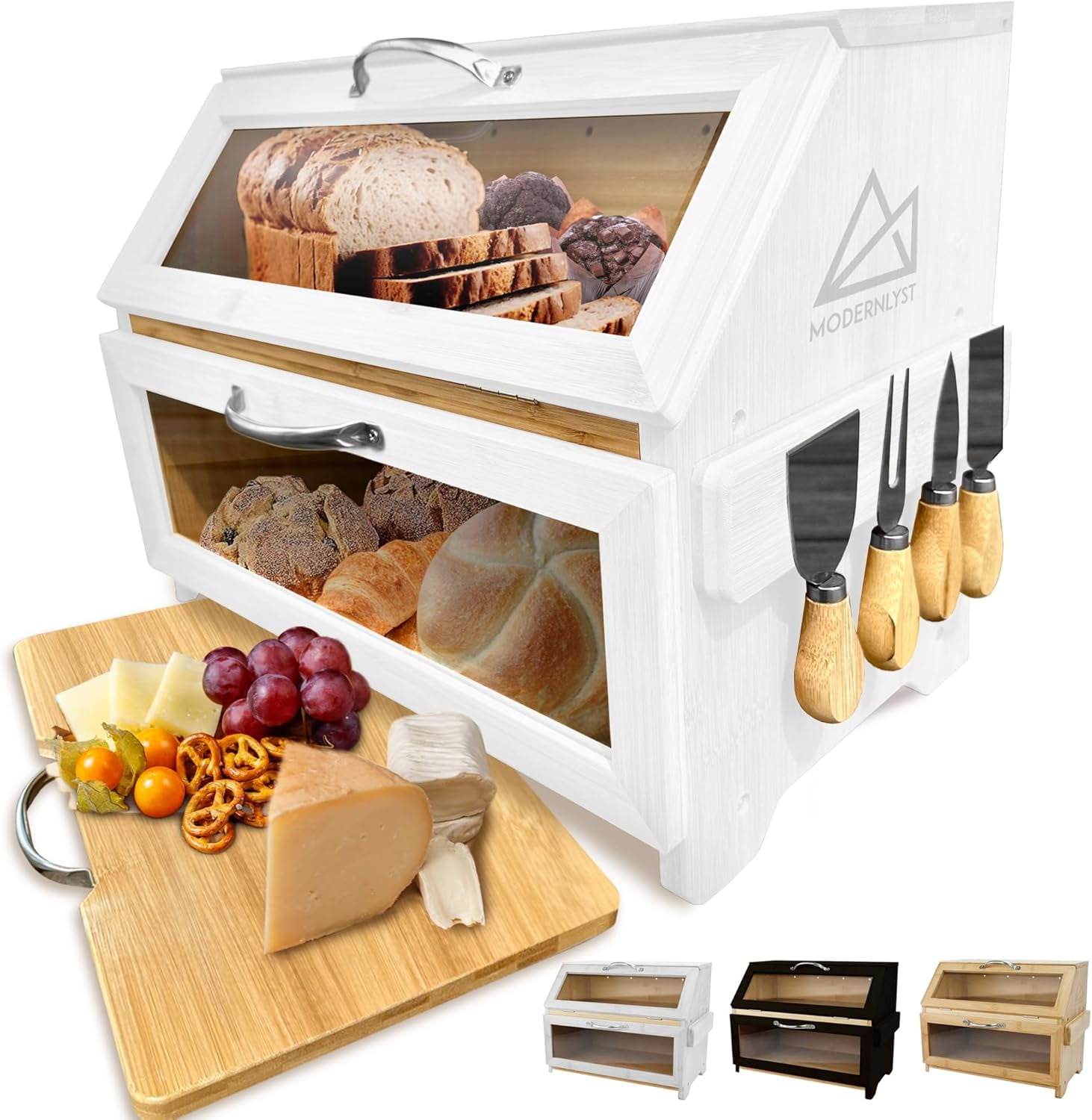 Extra Large Bread Box with Cutting Board & Knife Set | 7 Piece Set ...