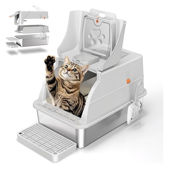 Extra Large Cat Litter Box Stainless Steel, Enclosed Metal Kitty Litter ...