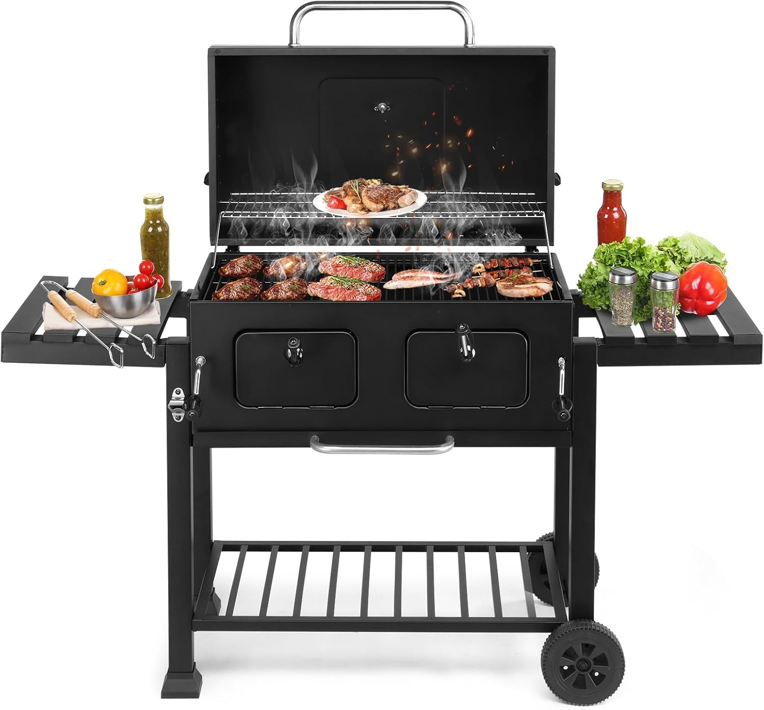 Extra-Large Charcoal Grill with Foldable Side Tables & Adjustable Heat ...