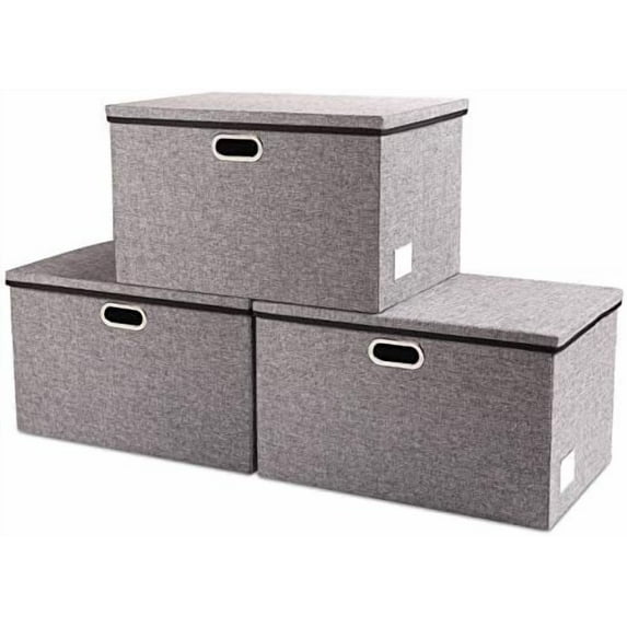 Extra Large Collapsible Storage Bins with Lids [3-Pack] Linen Fabric ...