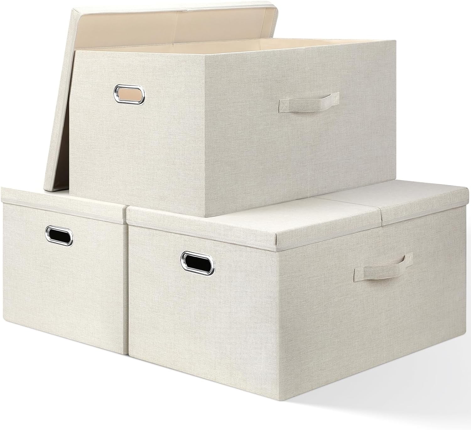 Extra Large Collapsible Storage Bins with Lids, 3 Pack Linen Fabric ...