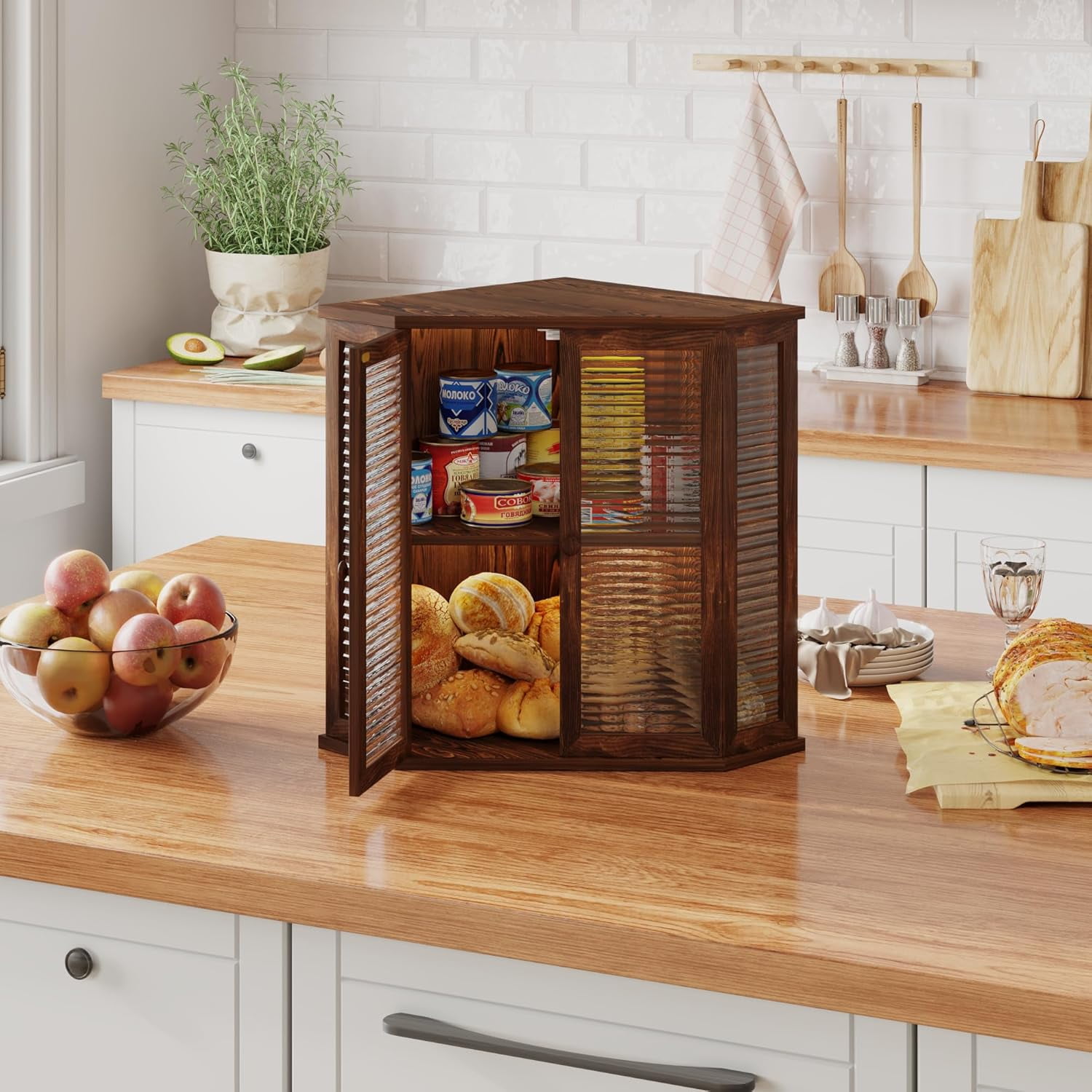 Extra Large Corner Bread Box for Kitchen Countertop, 16.5 Inch Charred ...