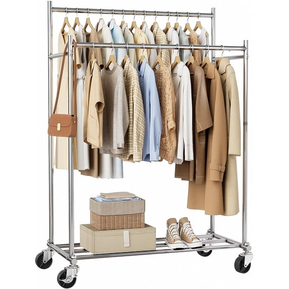 Extra Large Double Rod Rolling Clothes Rack with Wheels, 42.32 Inch ...