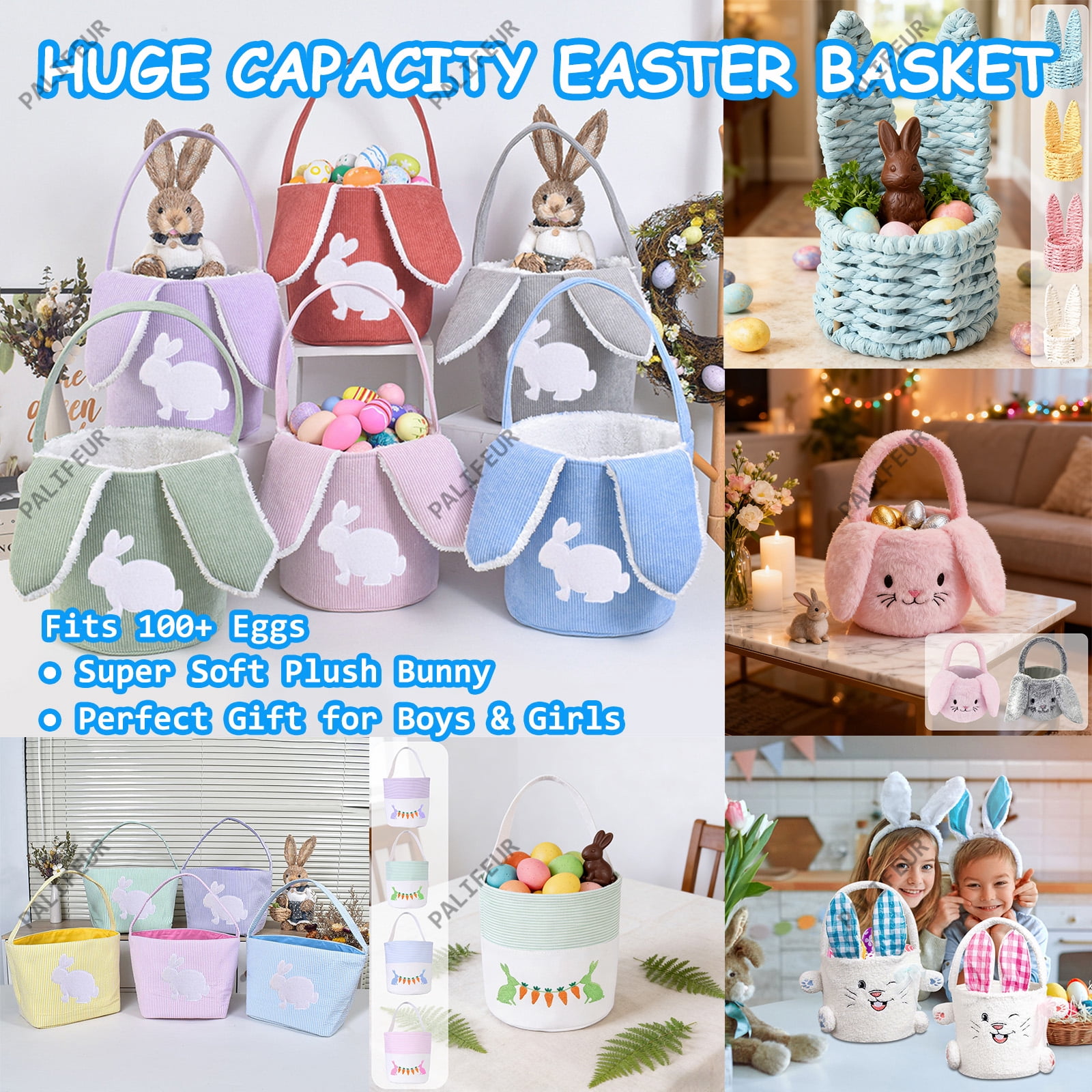 Extra Large Easter Baskets for Kids Egg Hunt Plush Bunny Basket with ...