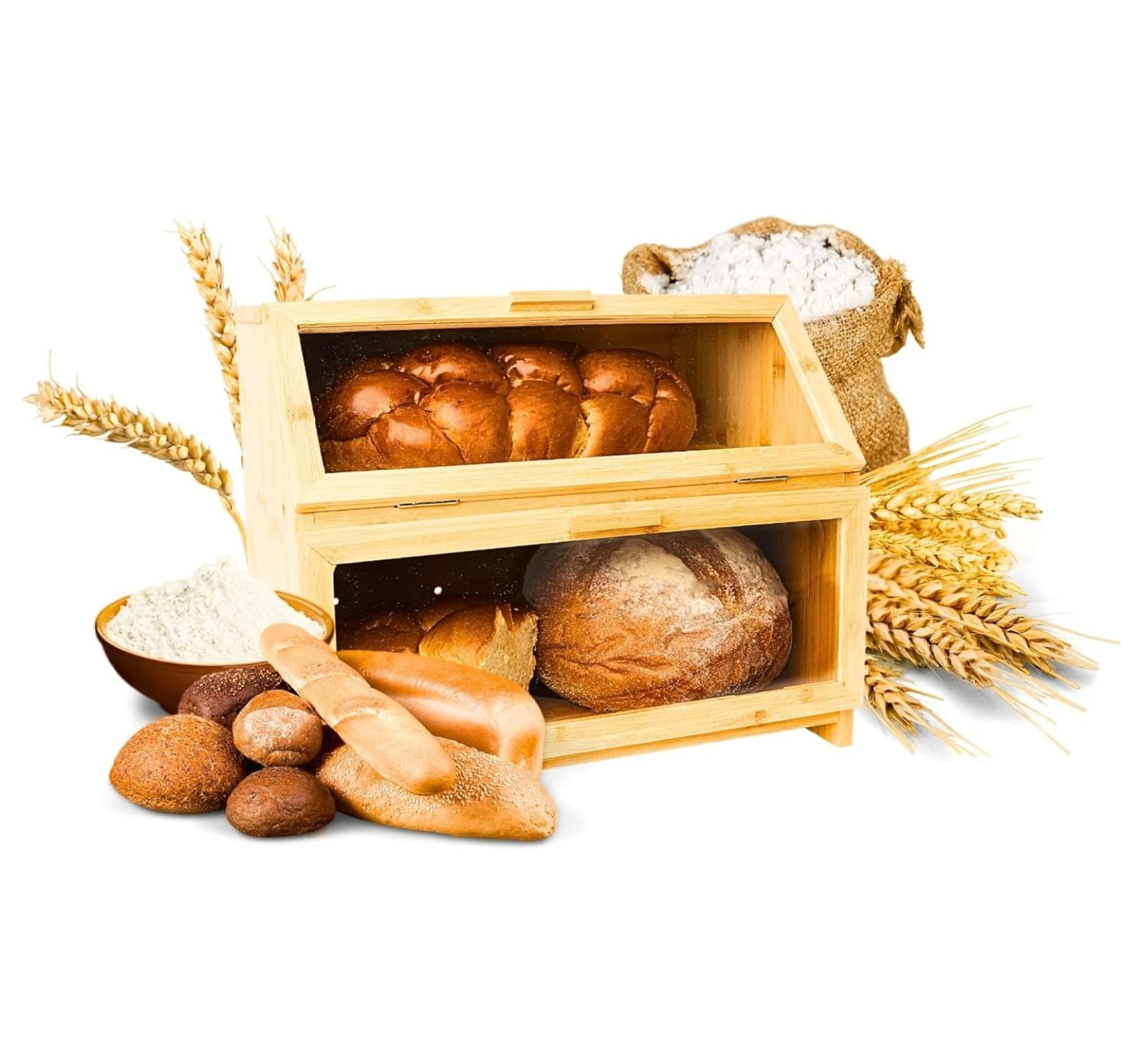Extra Large Farmhouse Bread Box for Kitchen Countertop, Bamboo 2 Layer ...