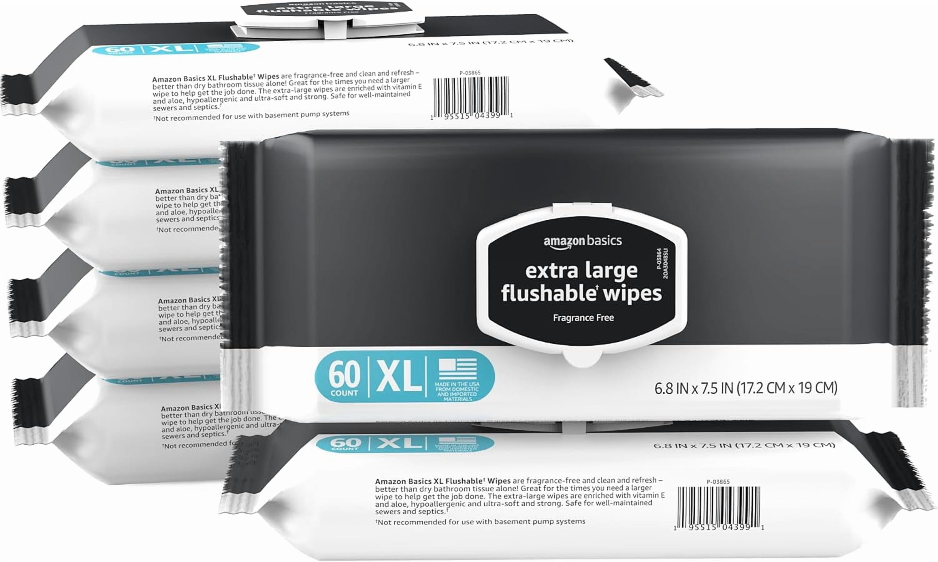 Extra Large Flushable Wipes, 360 wipes (6 packs of 60), Adult Wet Wipes ...