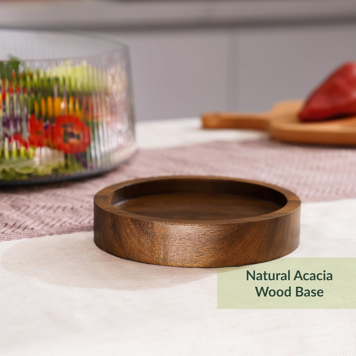 Extra Large Glass Salad Bowl with Natural Acacia Wood Base, Ribbed ...