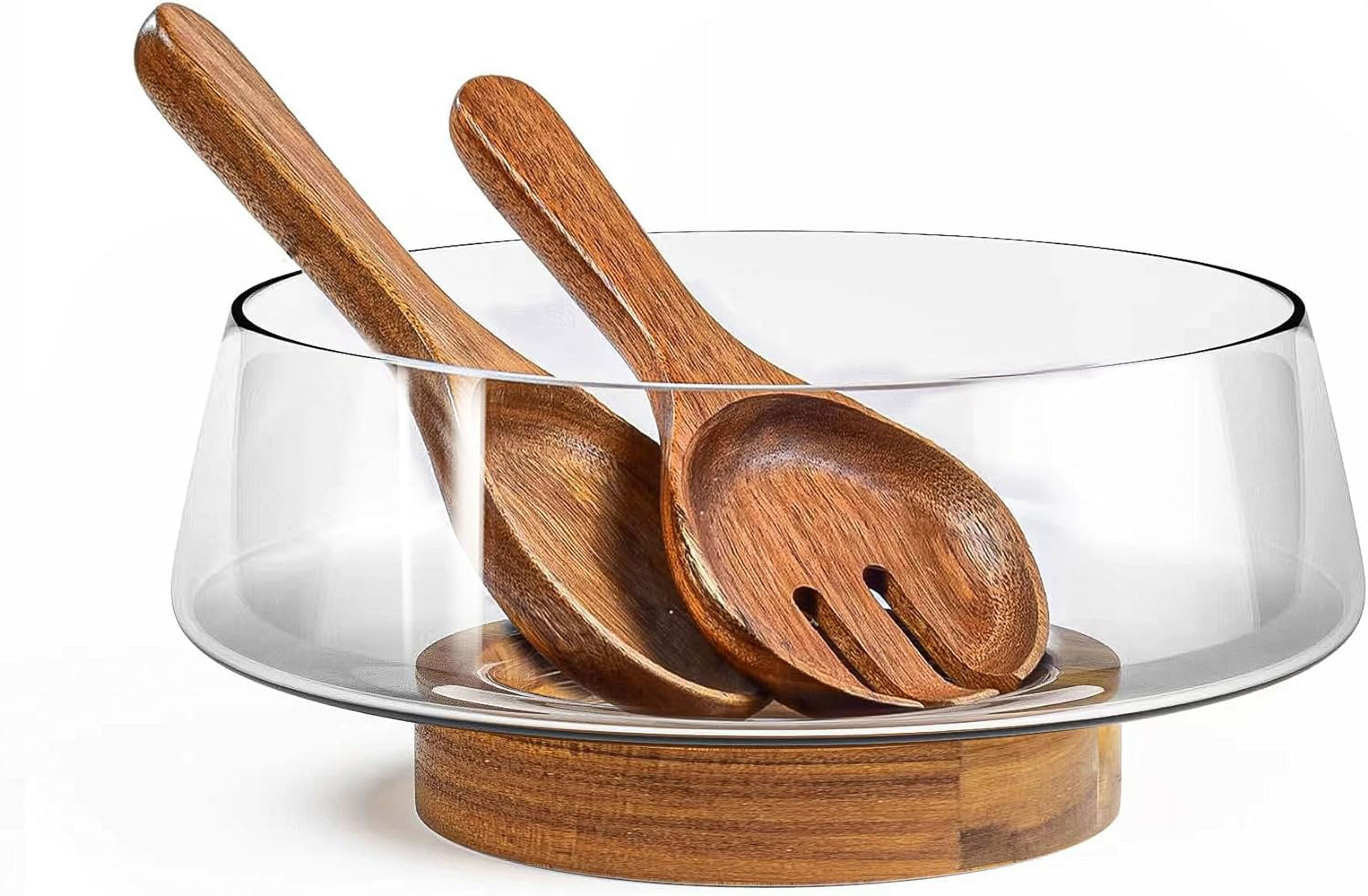 Extra Large Glass Salad Bowl Set - Party Salad Bowls with Acacia Wood ...