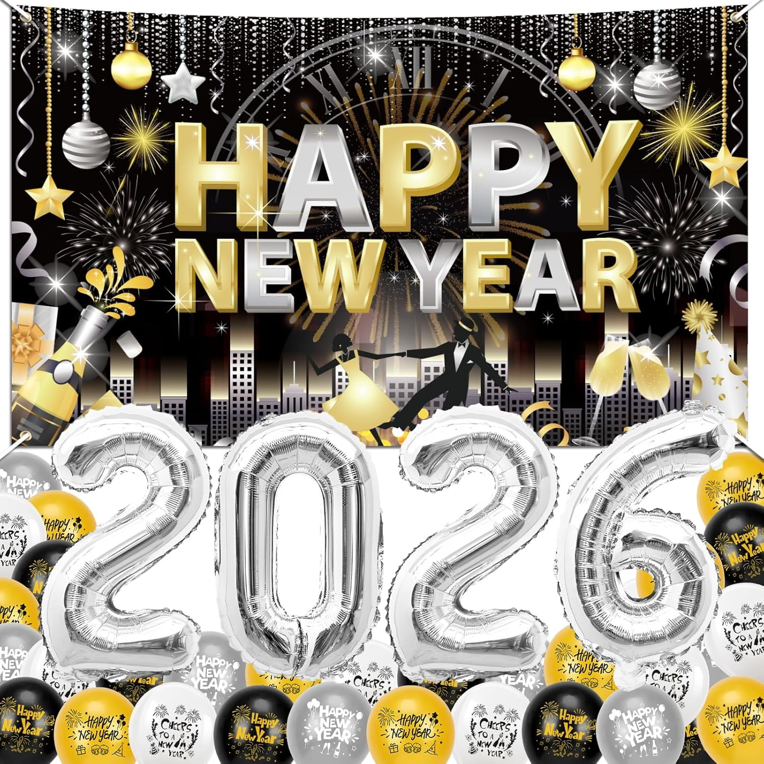 Extra Large Happy New Year Banner & Balloons 2026 NYE Decorations ...