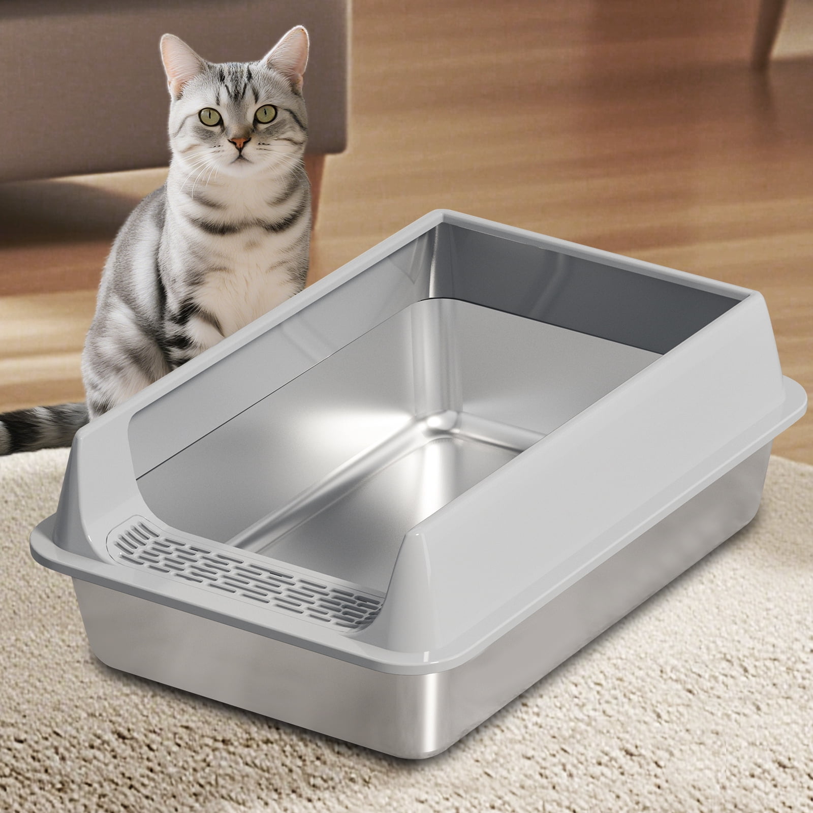 Extra Large Heavy-Duty Stainless Steel Cat Litter Box - Open-Top Lid ...