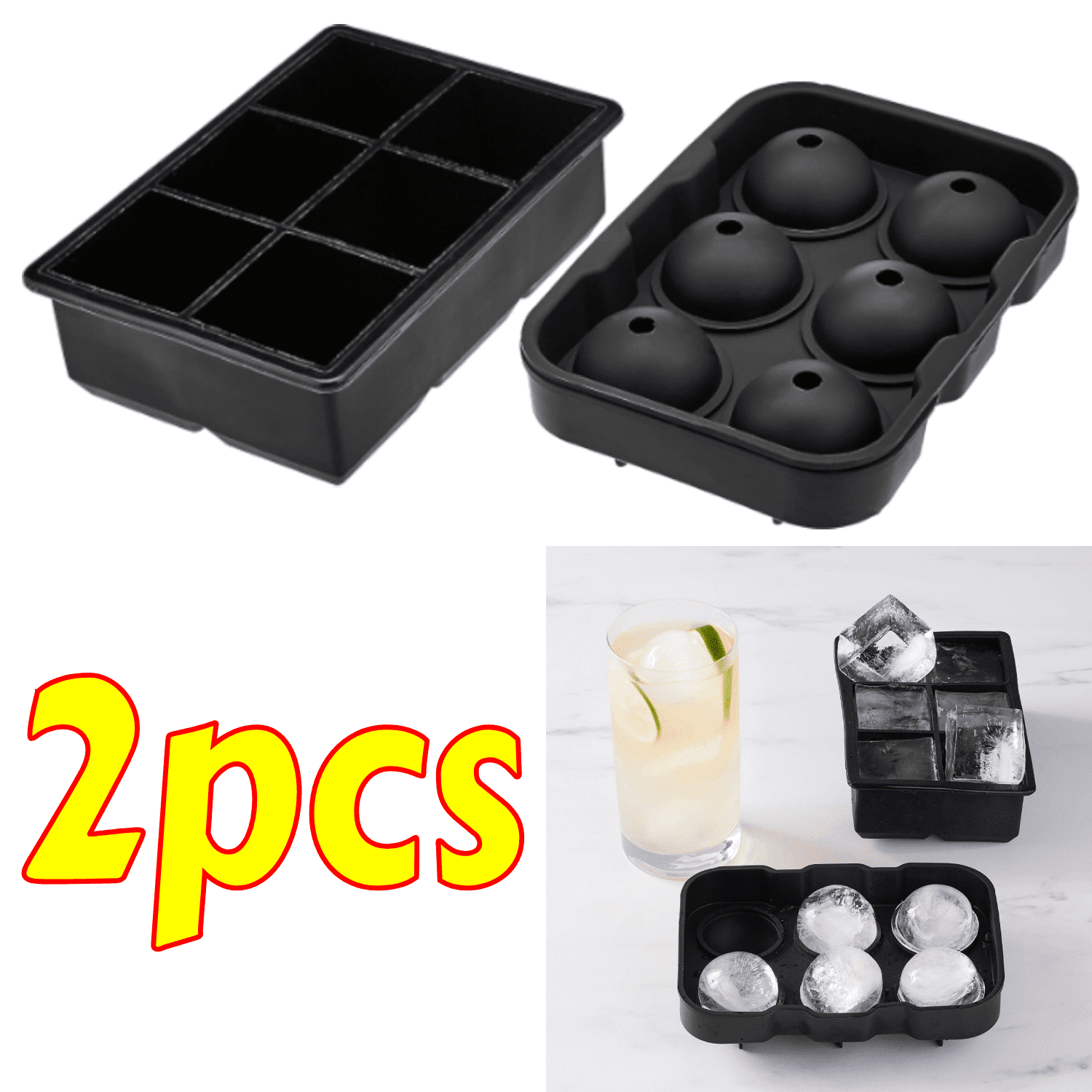 Extra Large Ice Cube Trays Set, 2-Pack Silicone Ice Ball & Square Mold ...