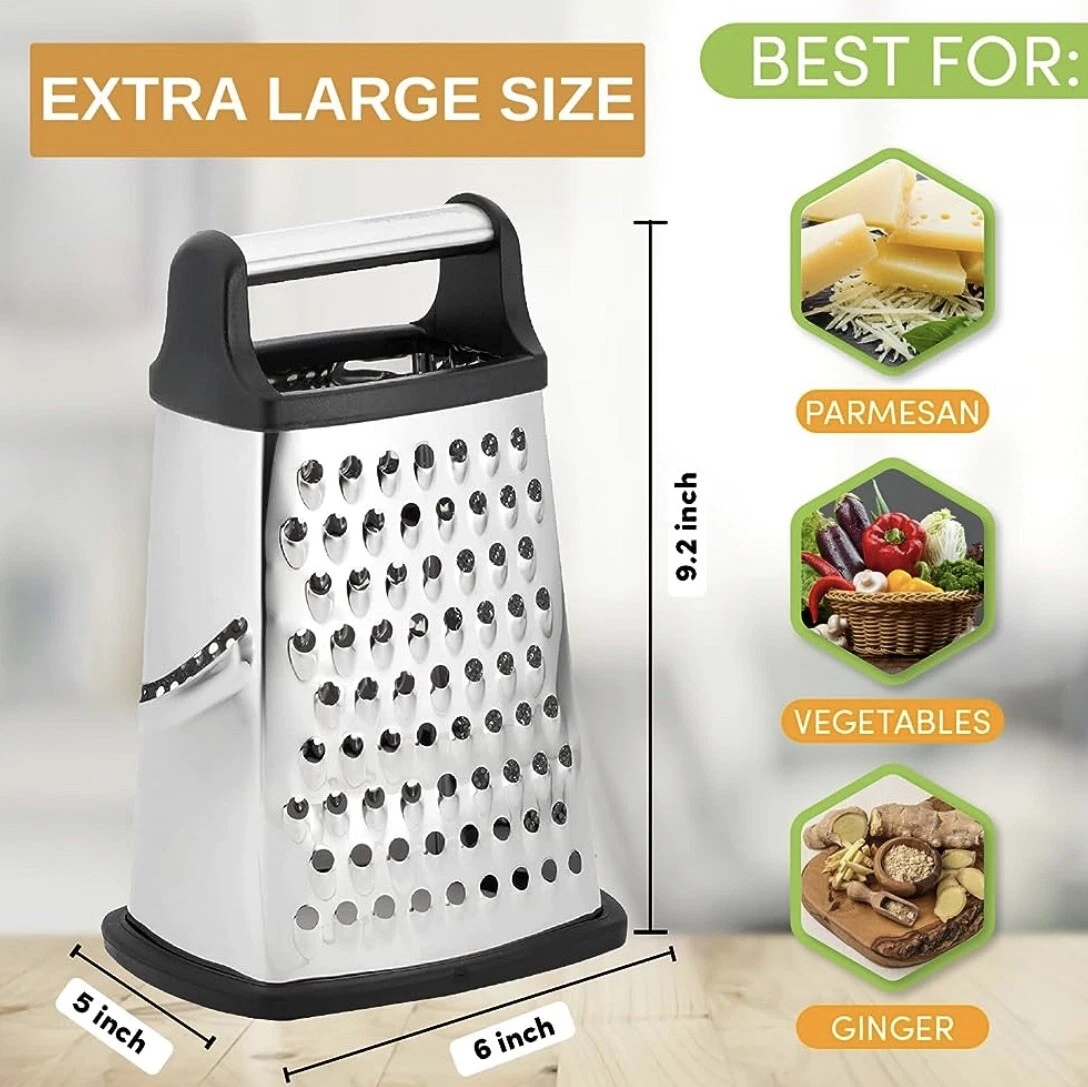 Extra Large Kitchen Cheese Grater 4-Sided Stainless Steel W/ Storage ...