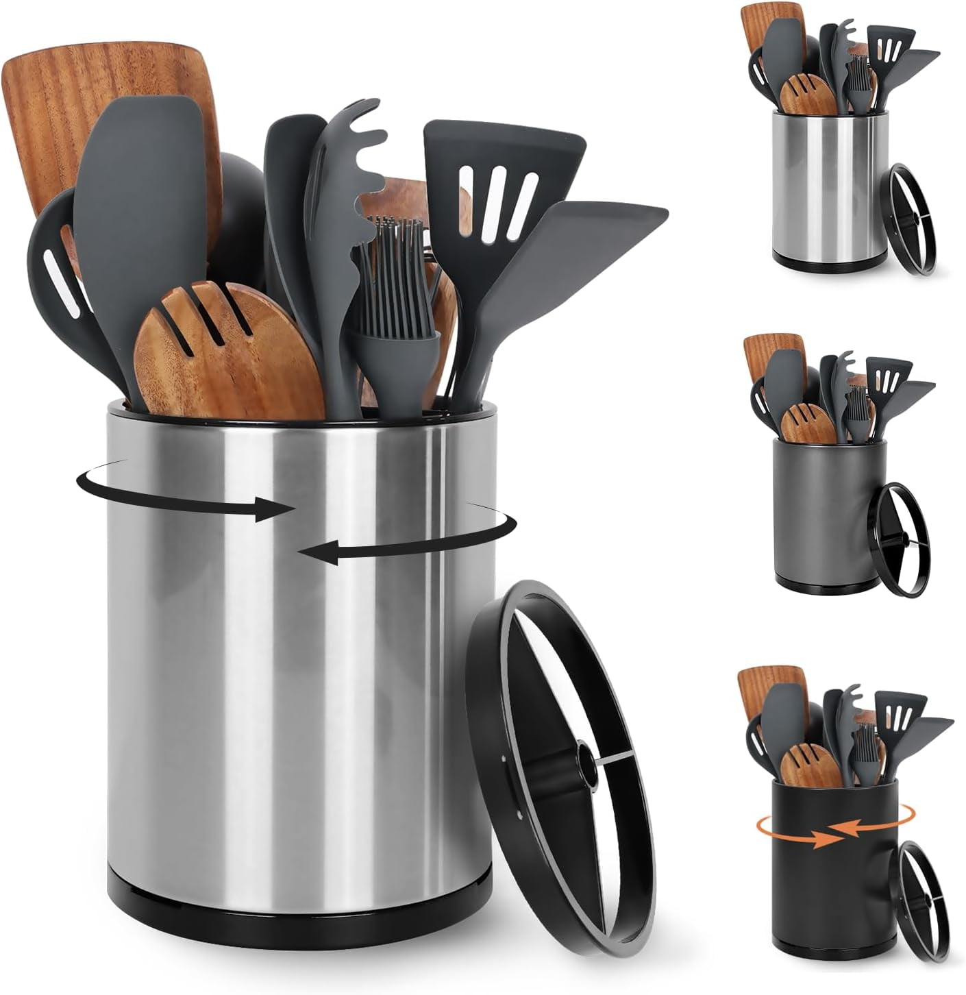 Extra Large Kitchen Utensil Holder, 360° Rotating Stainless Steel ...