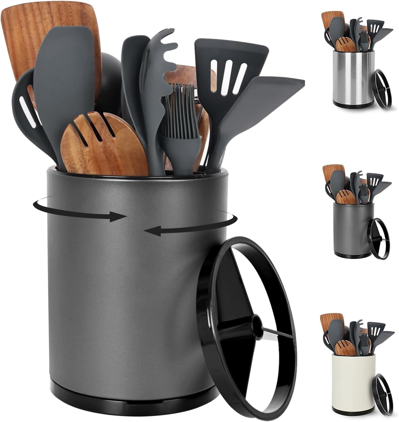 Extra Large Kitchen Utensil Holder - 360° Rotating Stainless Steel ...