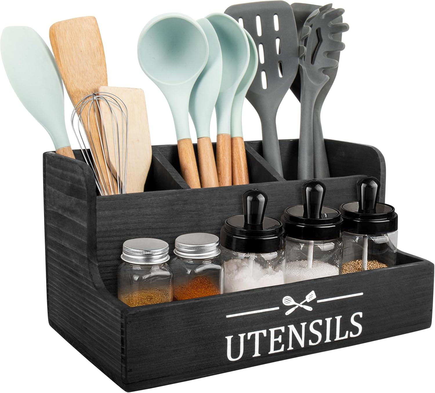 Extra Large Kitchen Utensils Holder 4 Compartments,Wood Utensil ...