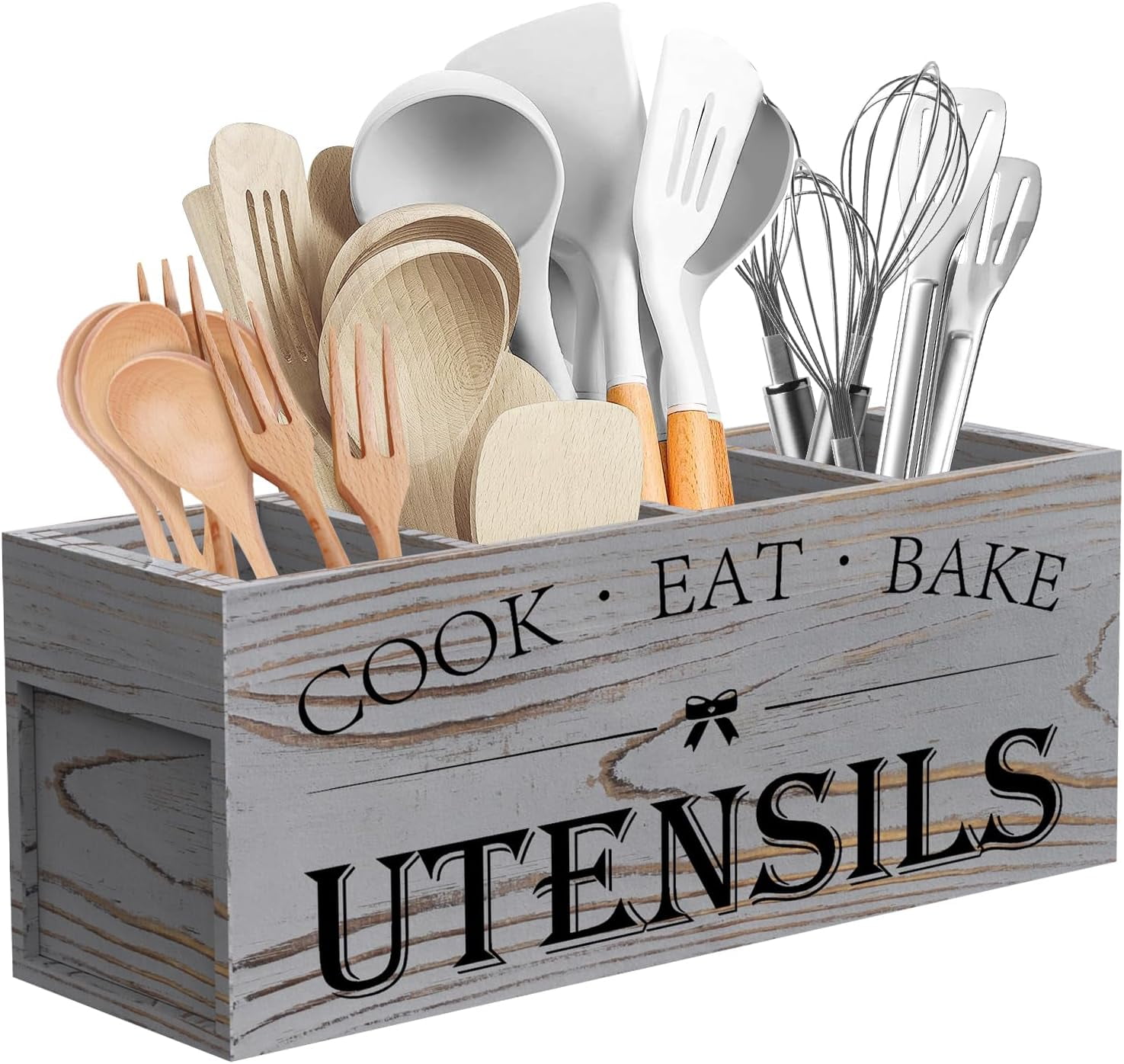 Extra Large Kitchen Utensils Holder with 4 Compartments, Wooden Utensil ...