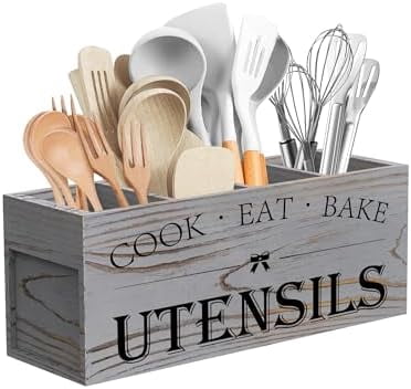 Extra Large Kitchen Utensils Holder with 4 Compartments, Wooden Utensil ...