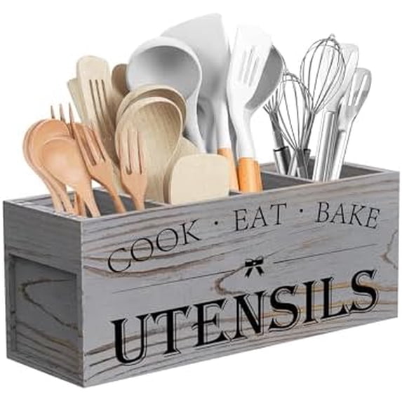 Extra Large Kitchen Utensils Holder with 4 Compartments, Wooden Utensil ...