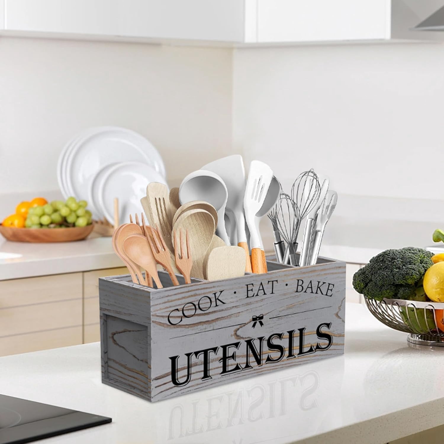 Extra Large Kitchen Utensils Holder with 4 Compartments, Wooden Utensil ...