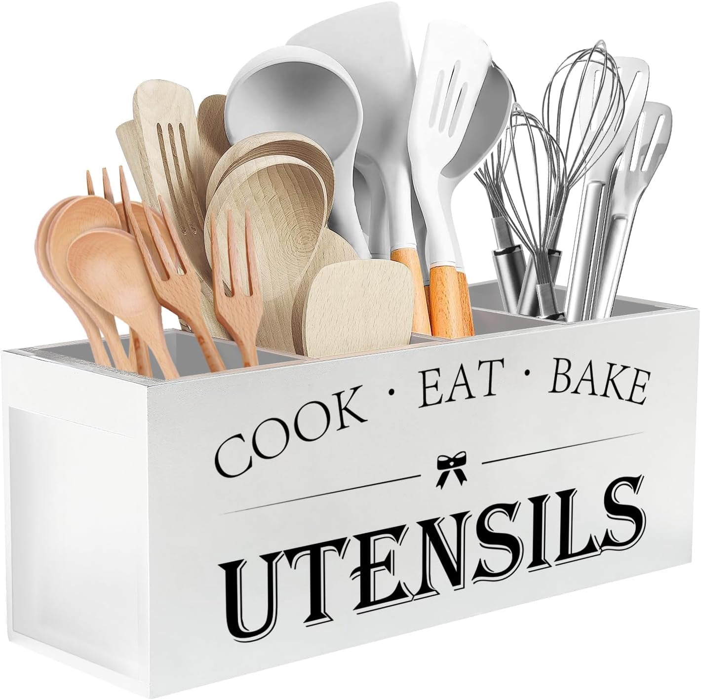 Extra Large Kitchen Utensils Holder with 4 Compartments, Wooden Utensil ...