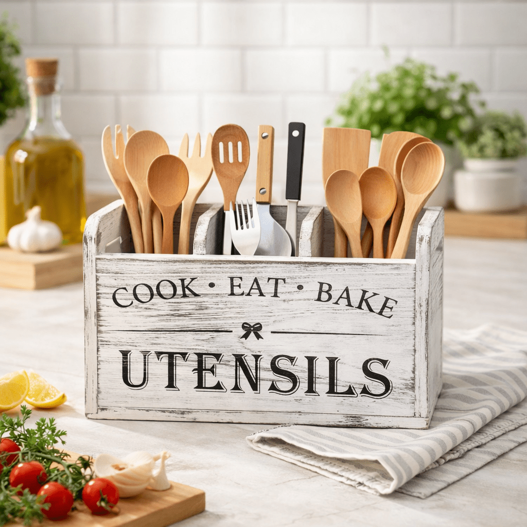 Extra Large Kitchen Utensils Holder with 4 Compartments, Wooden Utensil ...