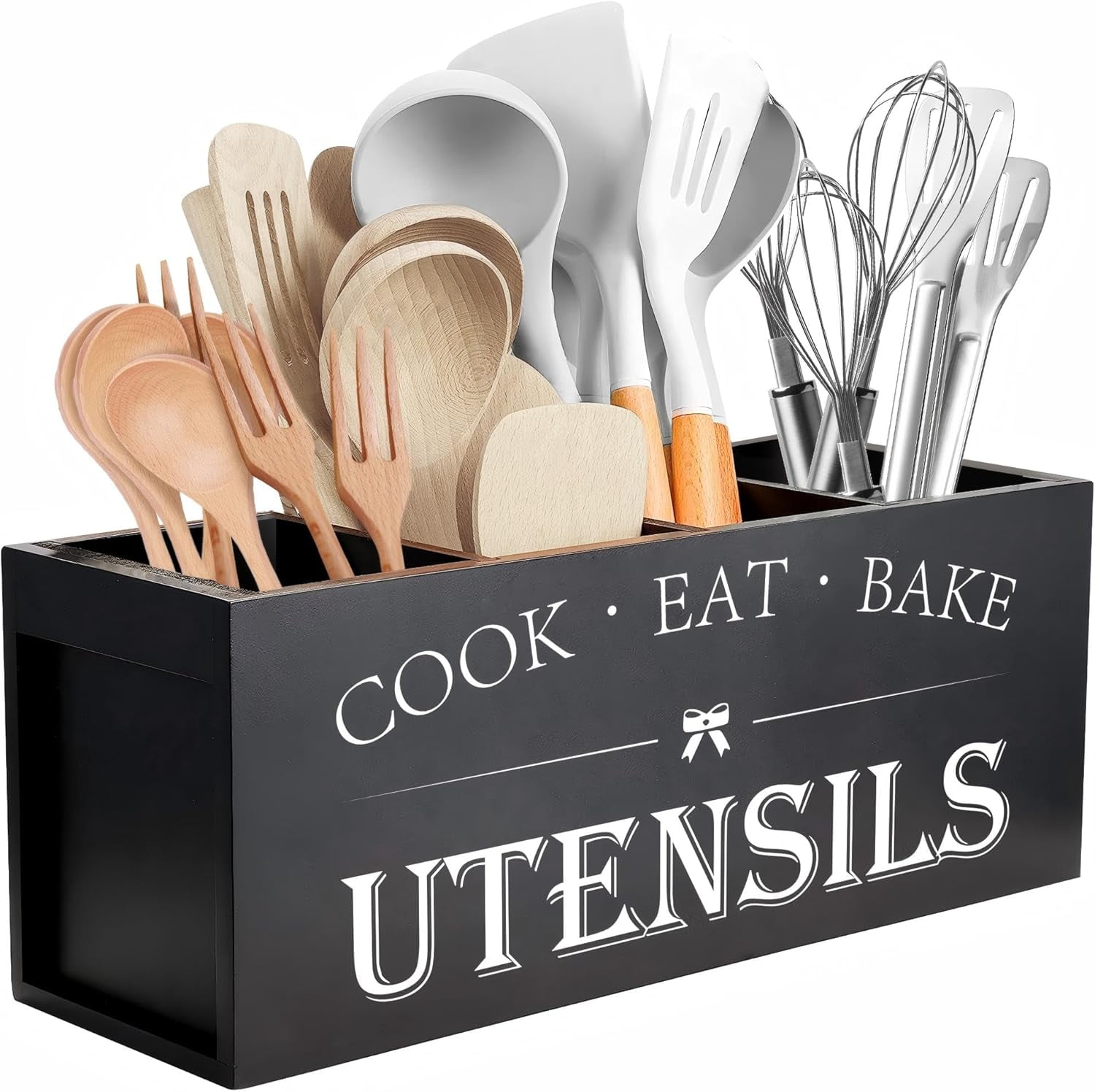 Extra Large Kitchen Utensils Holder with 4 Compartments, Wooden Utensil ...