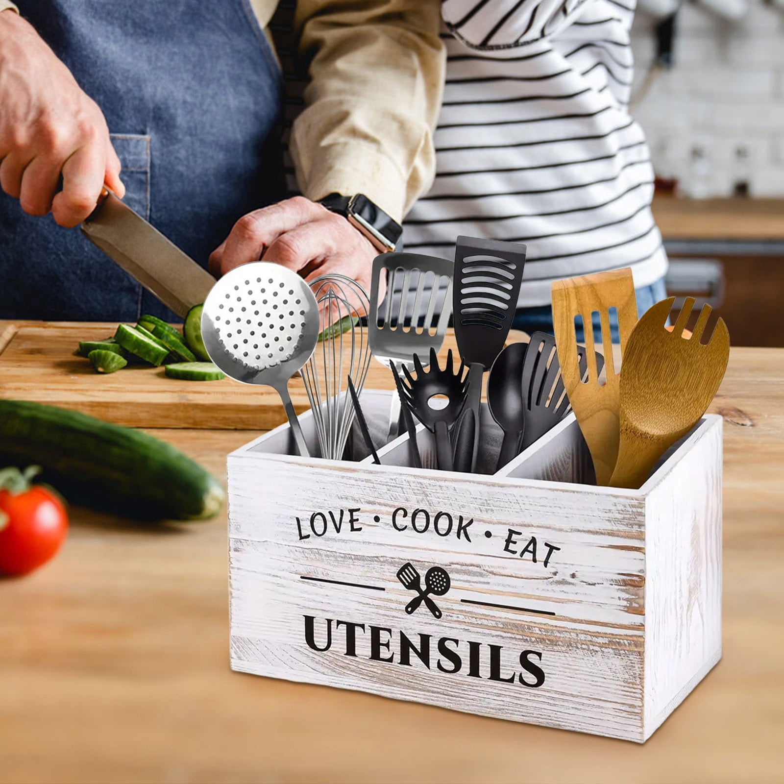 Extra Large Kitchen Utensils Holder With Compartments Wooden Countertop ...