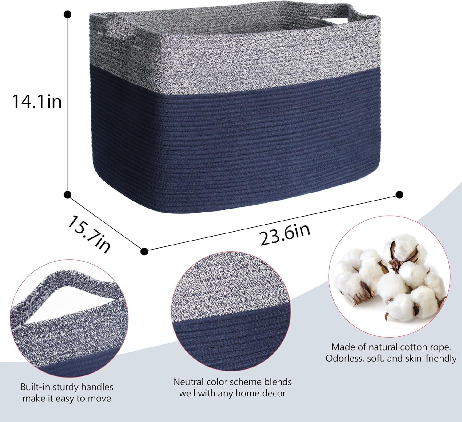 Extra Large Laundry Basket Rectangle Woven Cotton Rope Storage Basket ...