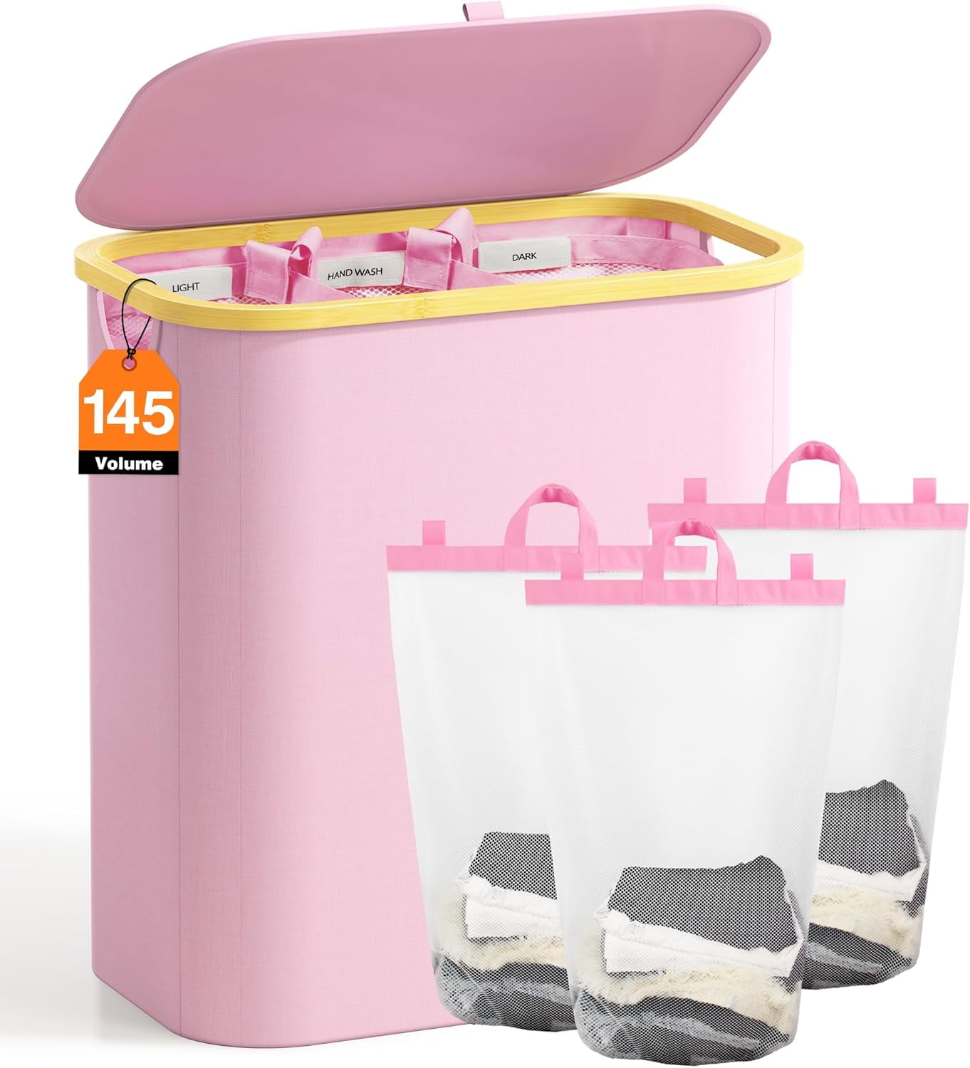 Extra Large Laundry Hamper, 145L, 3 Section, Pink, Pre-Sorting Laundry ...