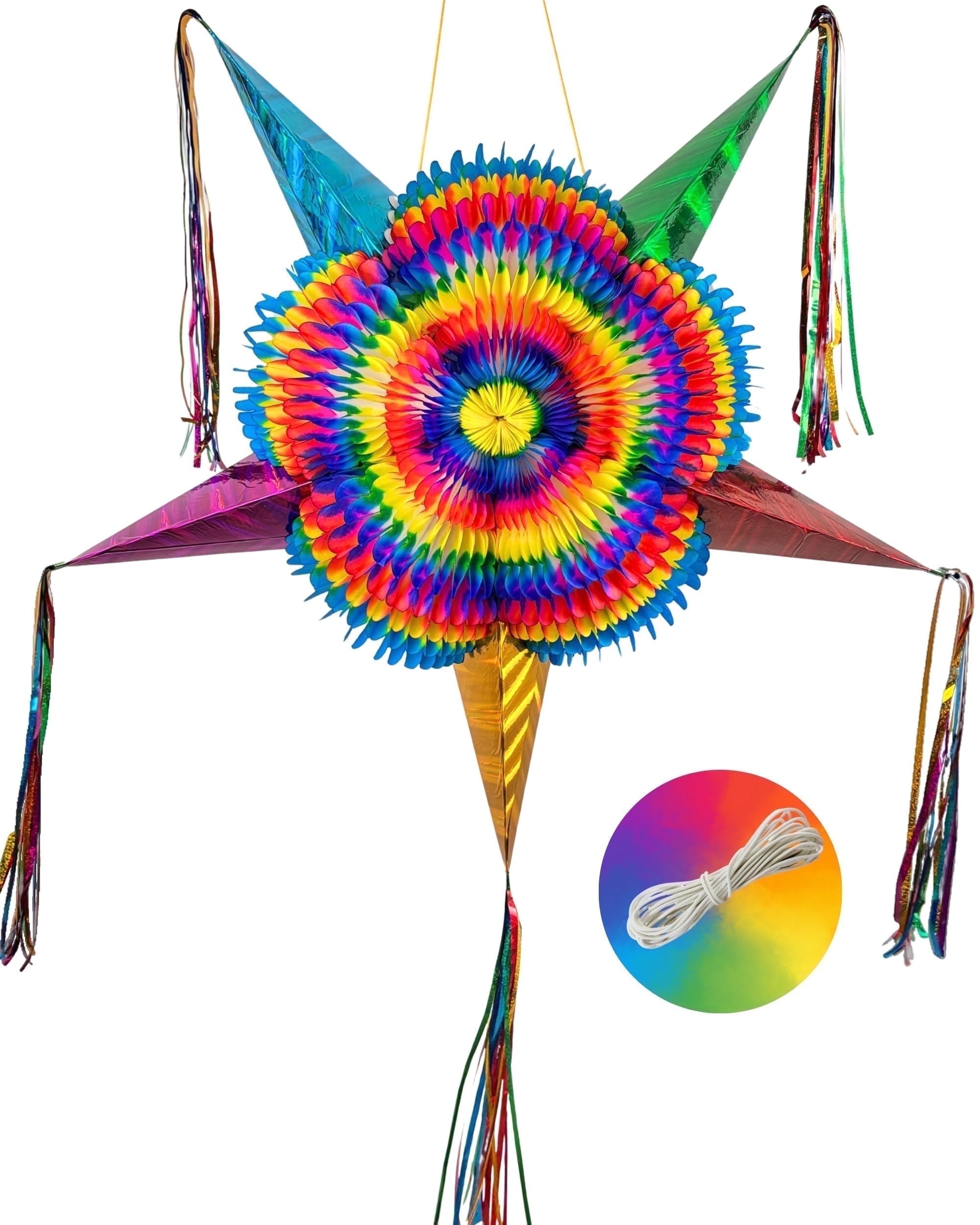 Mexican Star Pinata, 32" Rainbow with Multicolor Cones, includes 30-ft ...