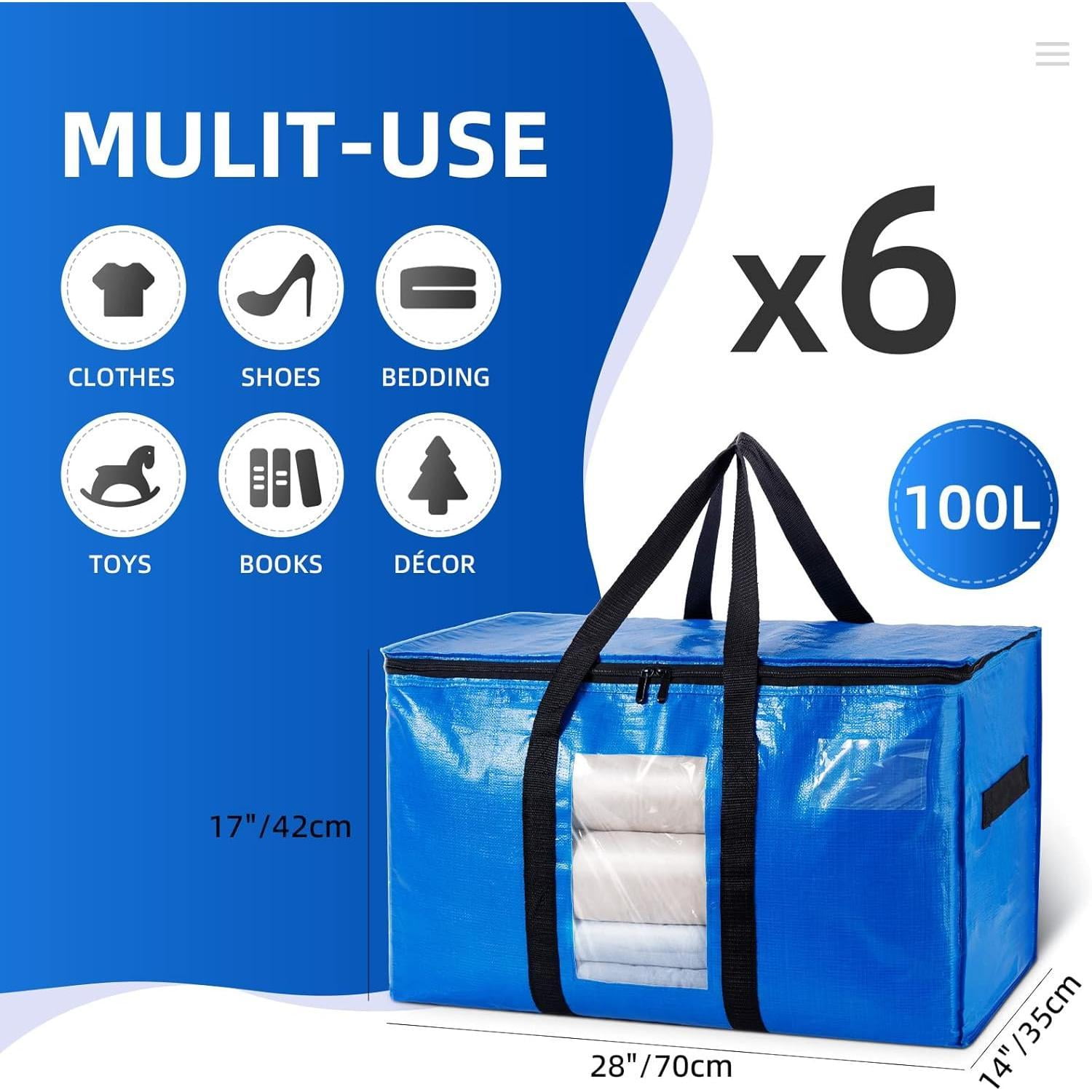 Extra Large Moving Bags, 4 Pack Blue Heavy Duty Totes For Storage with ...