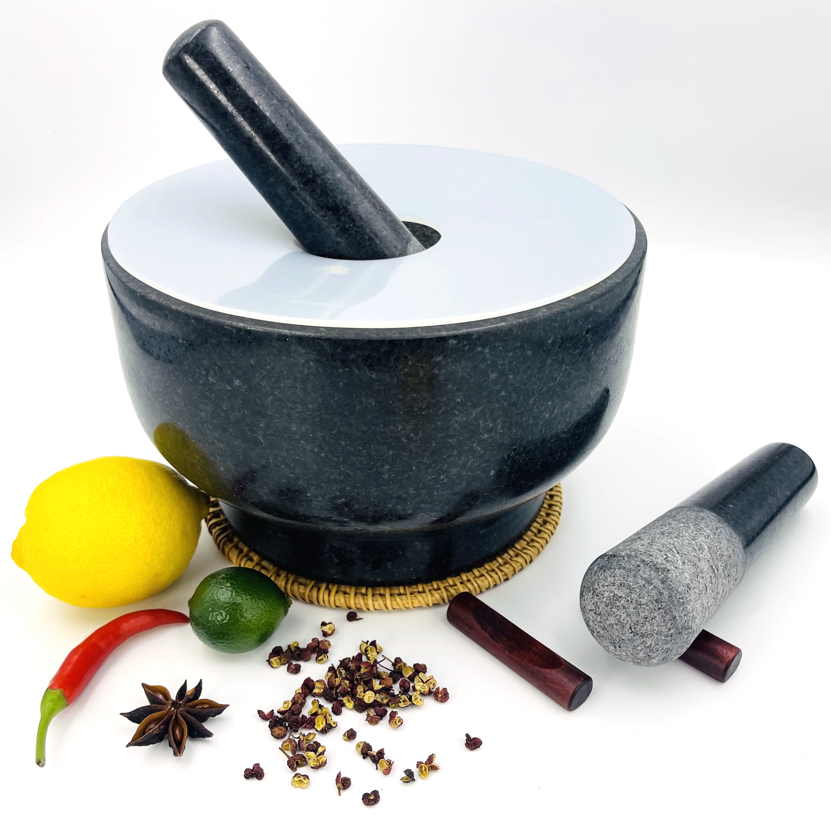 Extra Large Natural Stone Mortar & Pestle Set, 5 Cup 8" Heavy Duty Granite Grinder Bowl with 2 ...