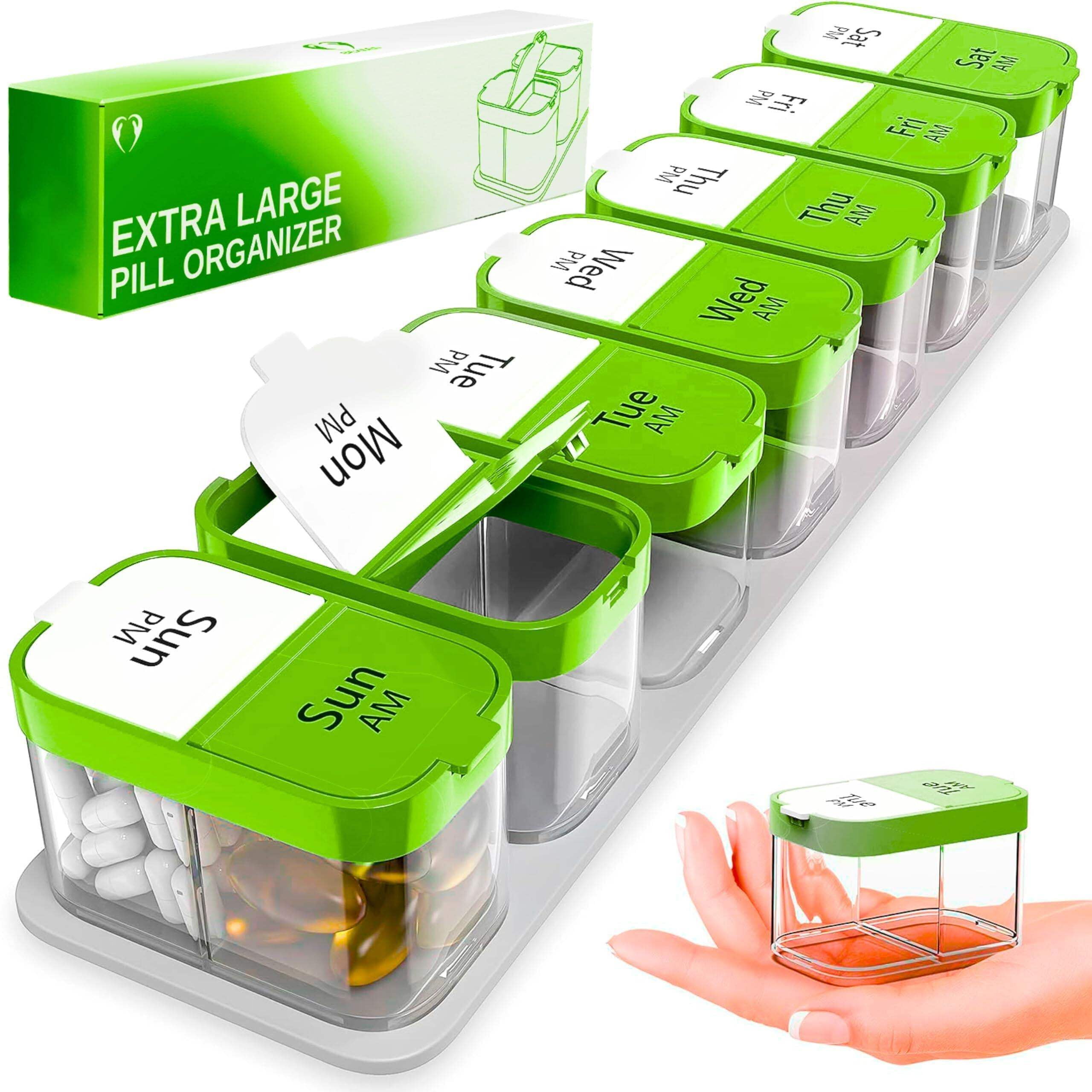 Extra Large Pill Organizer Green White 2 Times a Day Big Pill Box 7 Day ...