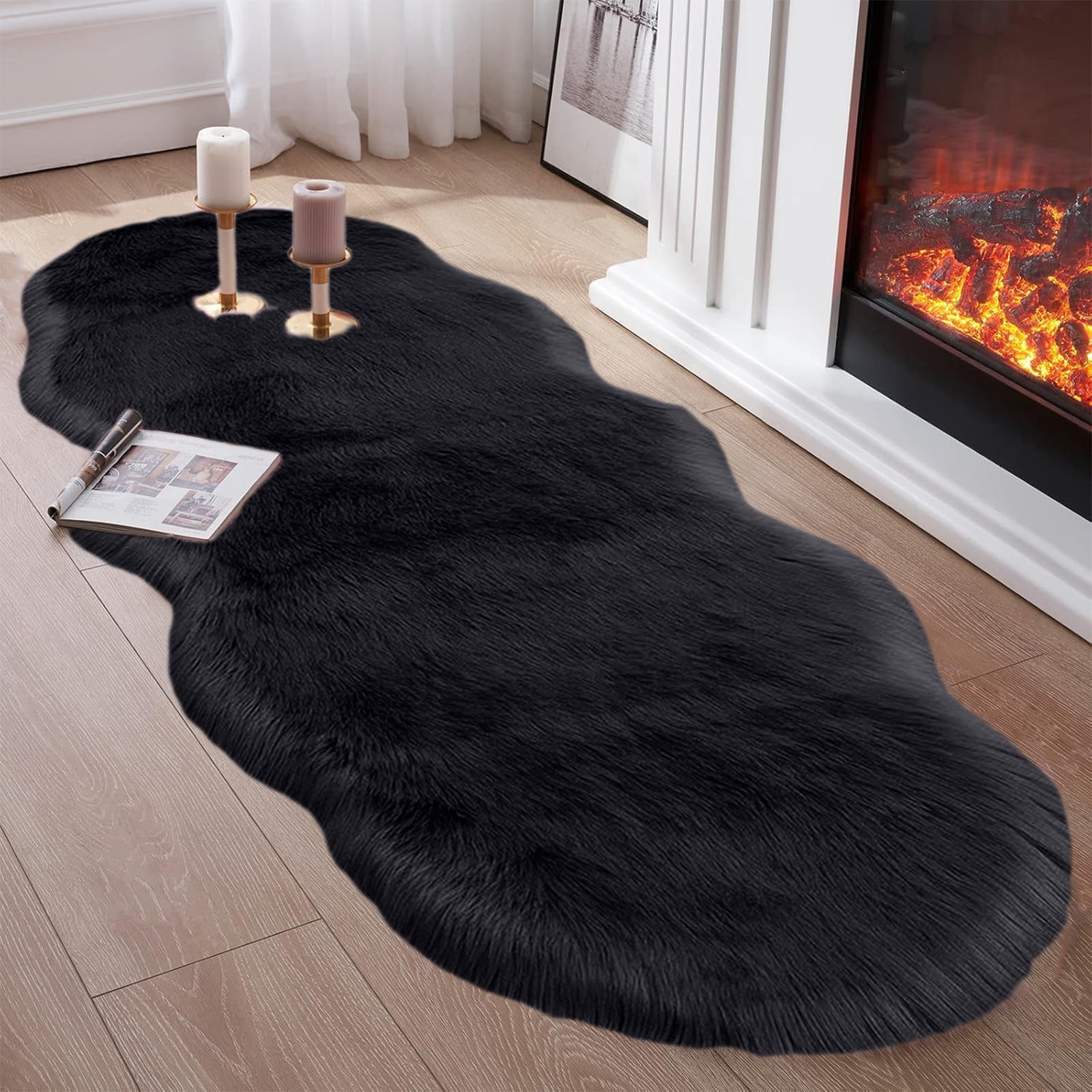 Extra Large Plush Area Rug - Black Faux Rabbit Washable Fur Area Rugs ...
