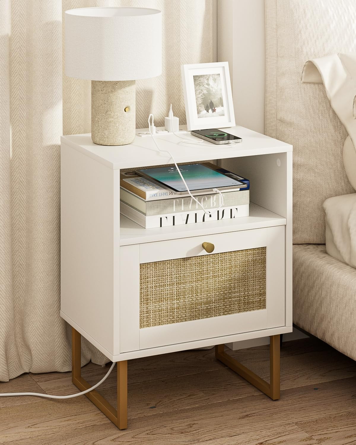 Extra Large Rattan Nightstand with Charging Station,Boho Night Stand ...