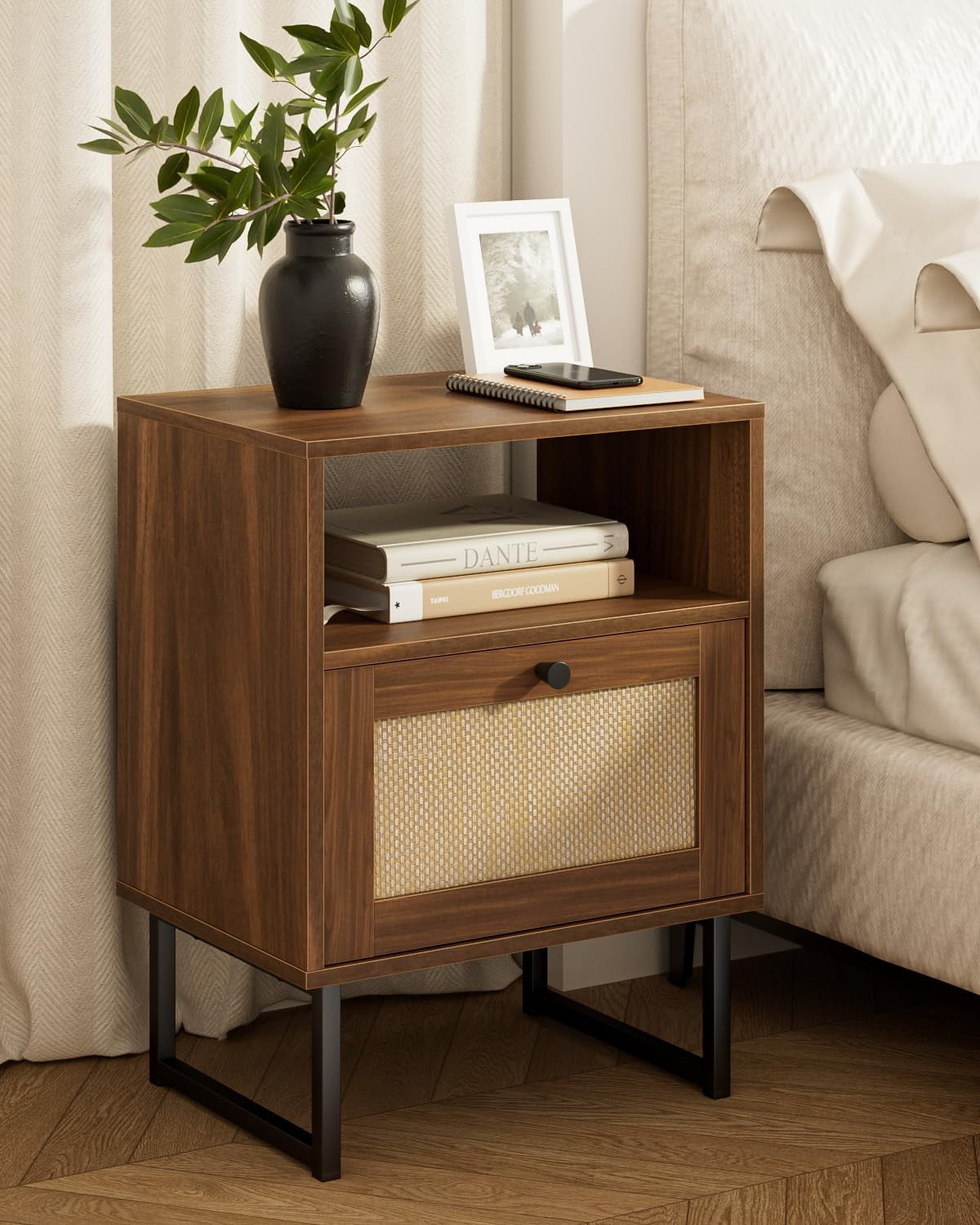 Extra Large Rattan Nightstand,Modern Wood Bedside Table with Storage ...