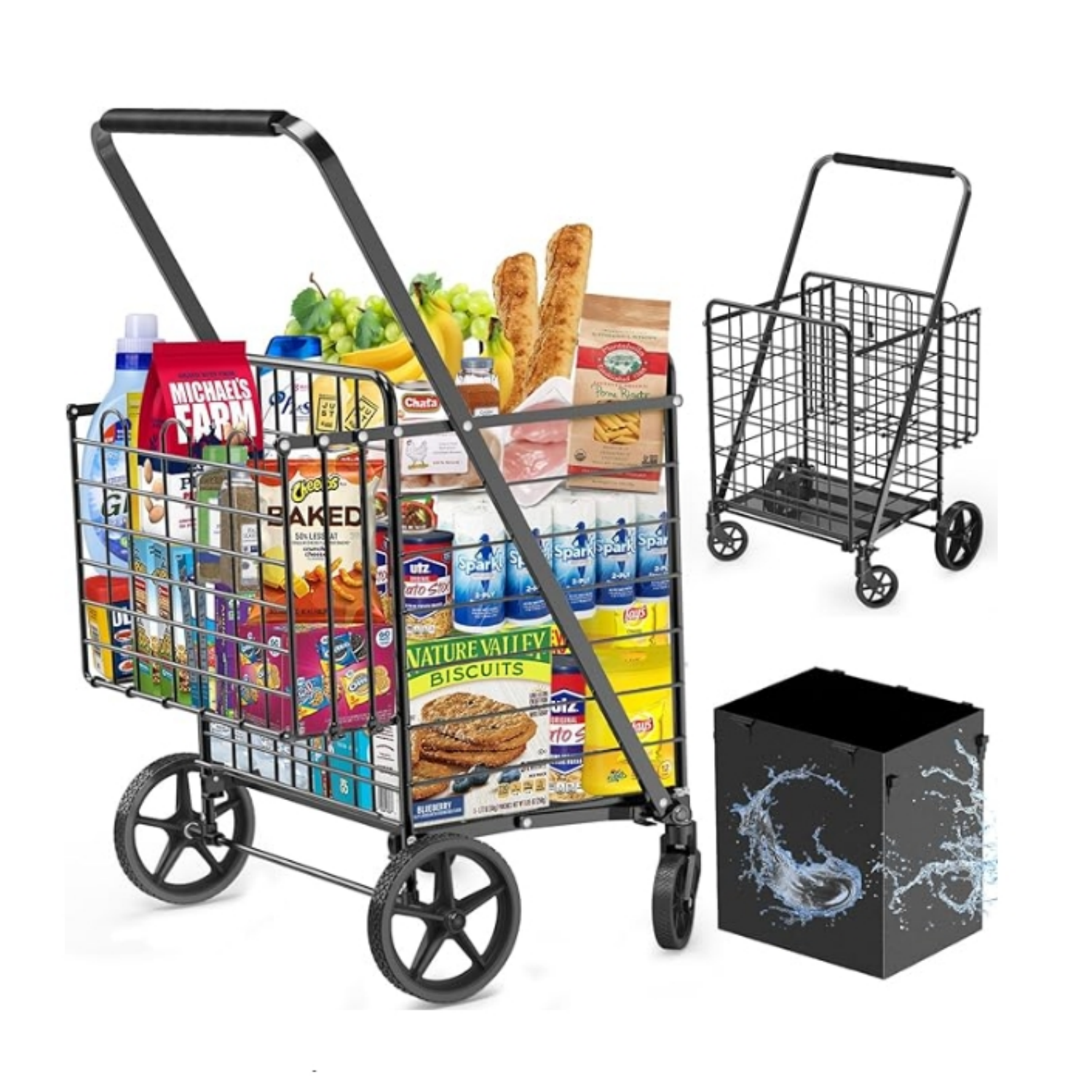 Extra Large Shopping Cart for Groceries, 450lbs Heavy Duty Grocery Cart on Wheels, Folding Dual ...
